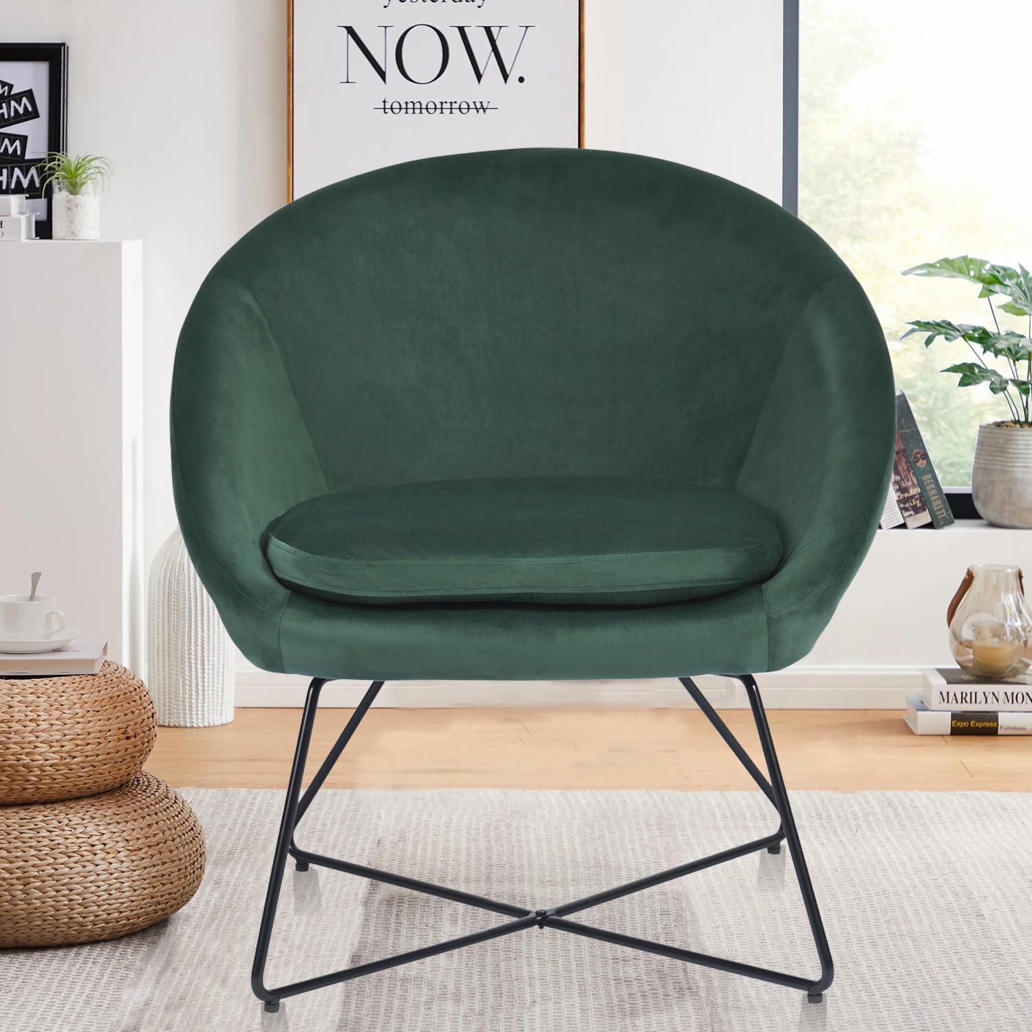 FurniutreR Mid-Century Living Room Velvet Chiar Single Sofa Comfy Upholstered Lounge Arm Leisure Accent Chair, Dark Green
