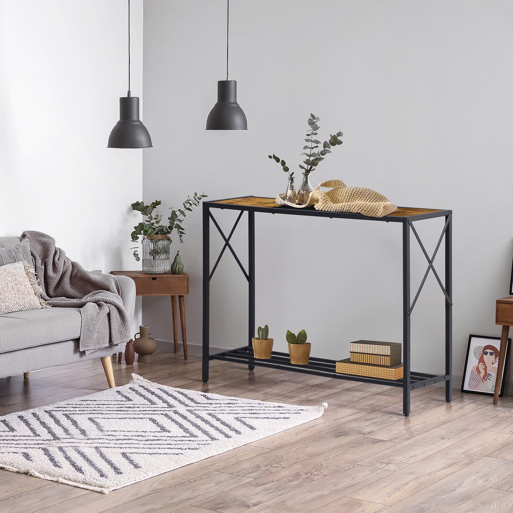 SUPER DEAL 2 Tier Console Table Narrow Entryway Table 41.7" Industrial Sofa Table with Mesh Shelf Slim Side Table for Hallway, Front Hall, Living Room, Heavy Duty Metal Frame