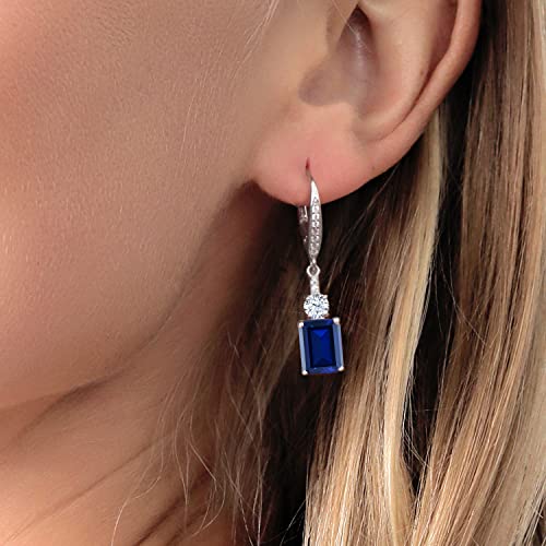 Gem Stone King 925 Sterling Silver Blue Created Sapphire Dangle Earrings For Women (5.40 Cttw, Gemstone September Birthstone, Octagon 9X7MM)
