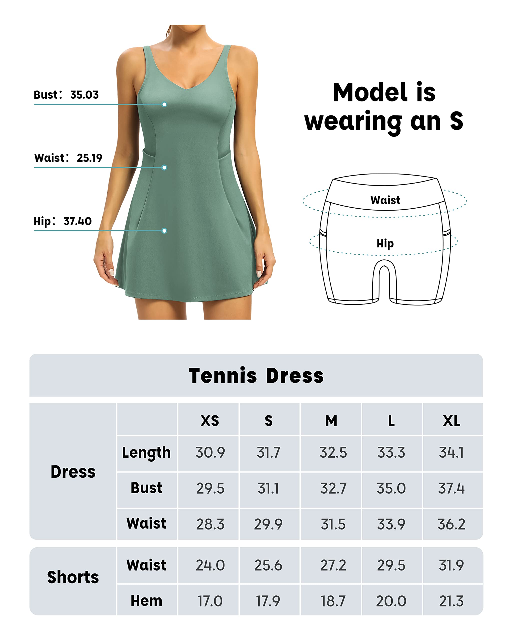 GYM RAINBOW Women Tennis Dress with 4 Pockets Built-in Bra Workout Exercise Athletic Dress with Shorts(Green,Medium)
