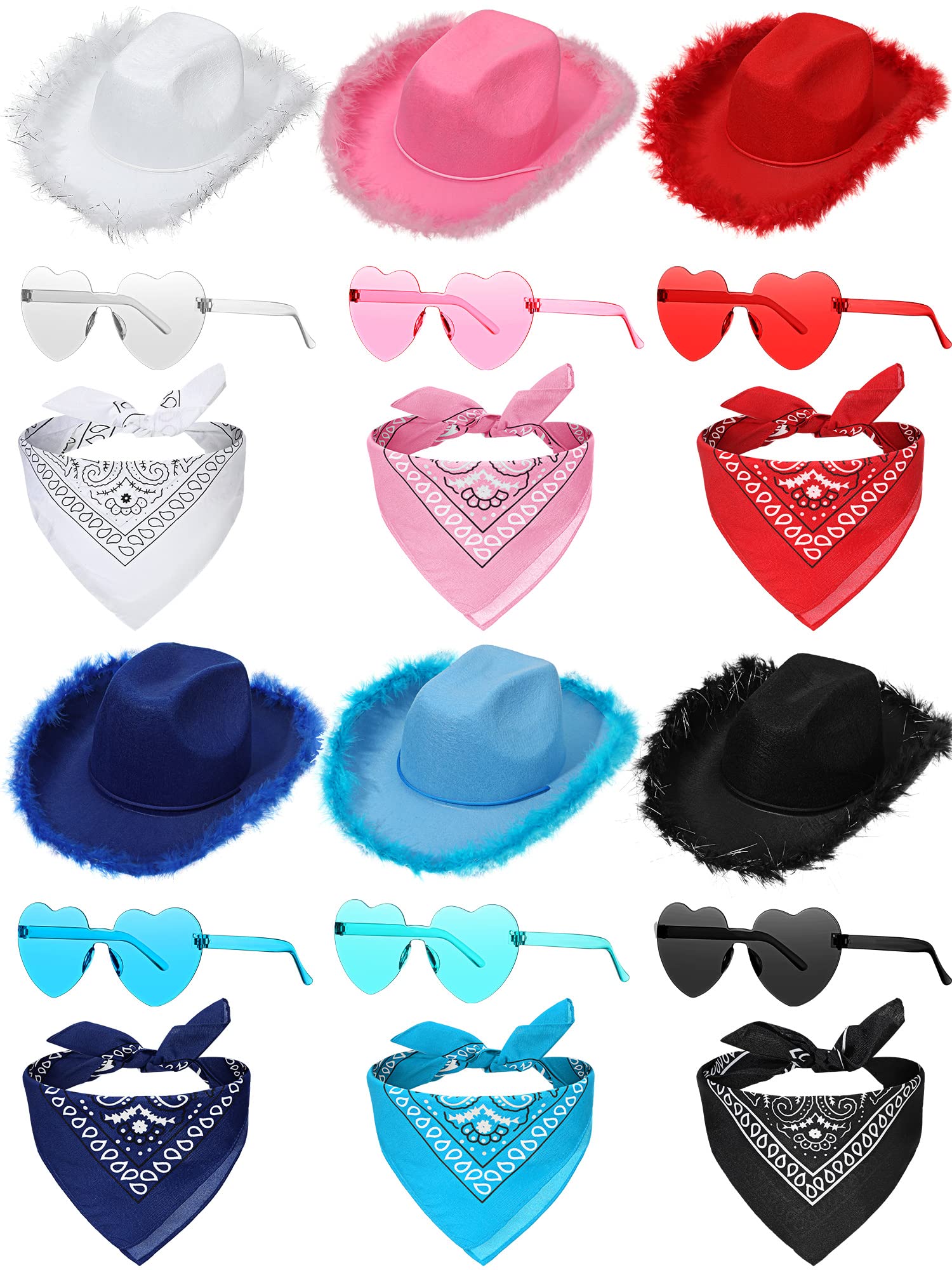 Handepo 6 Pcs Cowboy Hat Set Cowgirl Hat with Feather Heart Shaped Sunglasses Paisely Bandana Accessories for Women Men Bachelorette Party Costume, Assorted Colors