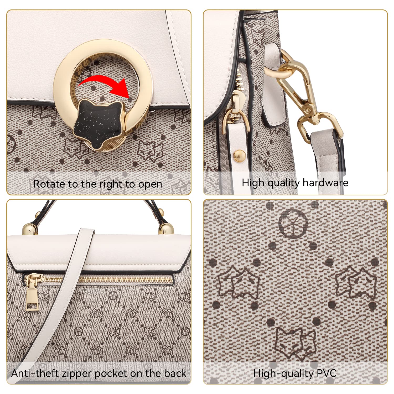 FOXLOVER Small Crossbody Bag for Women PVC Leather Detachable Strap Lightweight Twist Lock Flap(White-Small size)