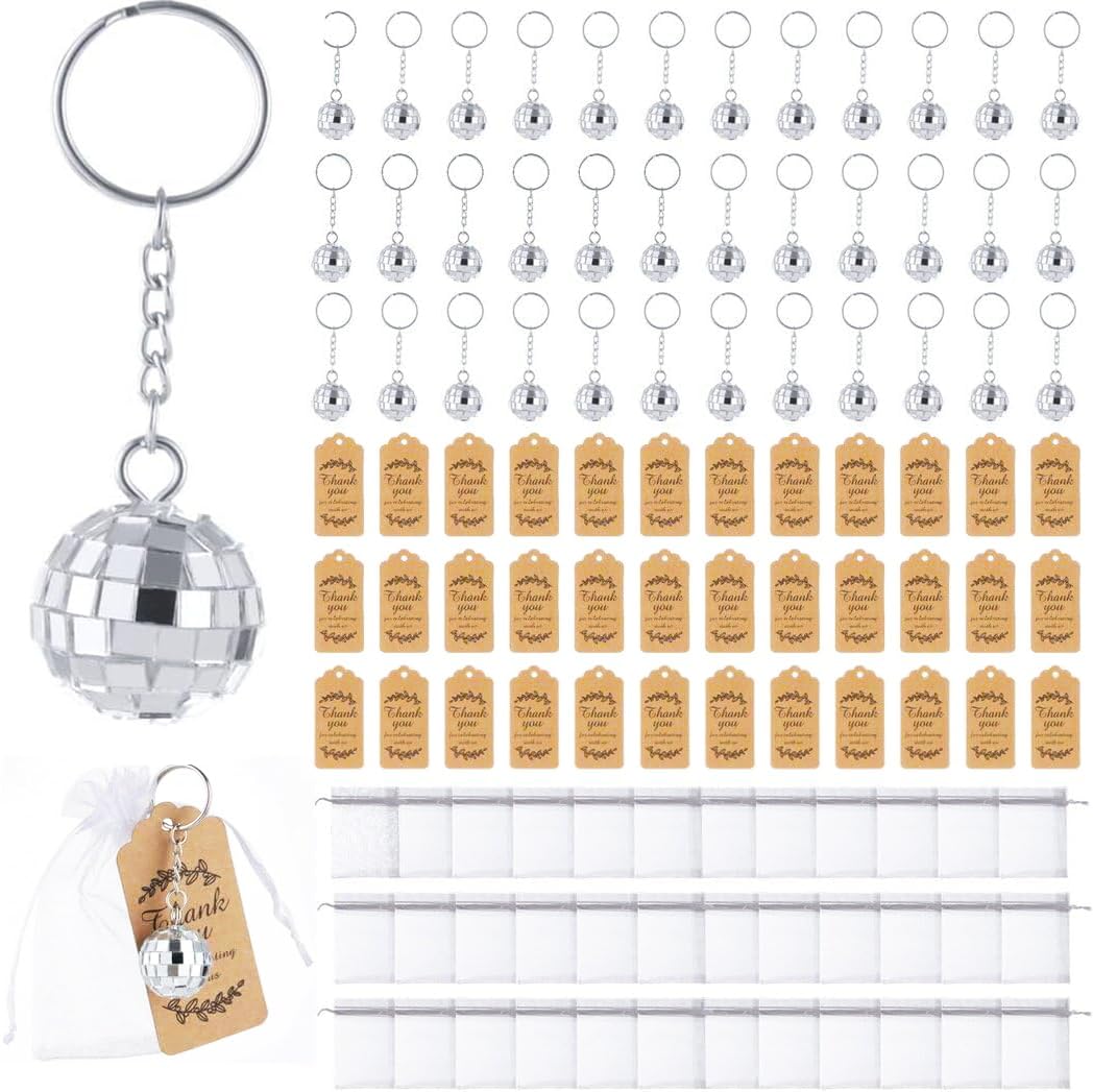 Homaisson 108 Pcs Disco Ball Keychain, Mirror Disco Balls, Disco Birthday Party Decors with Organza Bags and Thank You Tags