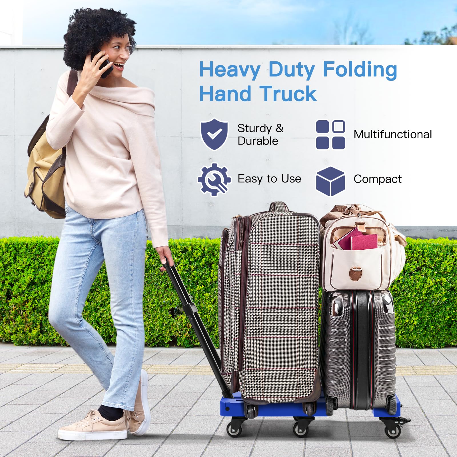 Homaisson Folding Hand Truck, Heavy Duty Dolly Cart for Moving, 550 LBS Hand Truck with 6 Wheels & 2 Rope for Luggage, Moving, Shopping, Office Use (Blue)