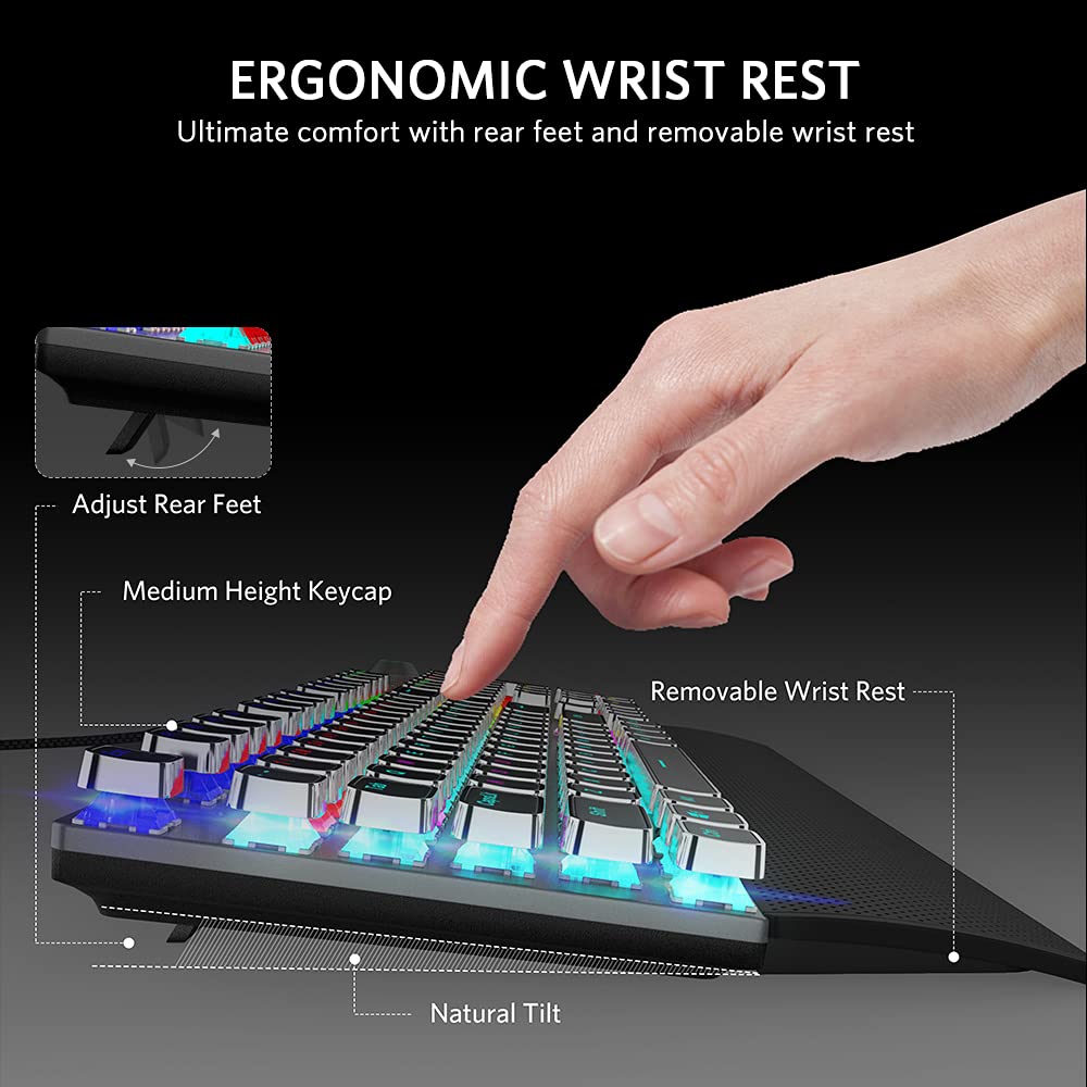 Fiodio Mechanical Gaming Keyboard, LED Rainbow Gaming Backlit, 104 Anti-ghosting Keys, Quick-Response Black Switches, Multimedia Control for PC and Desktop Computer, with Removable Hand Rest