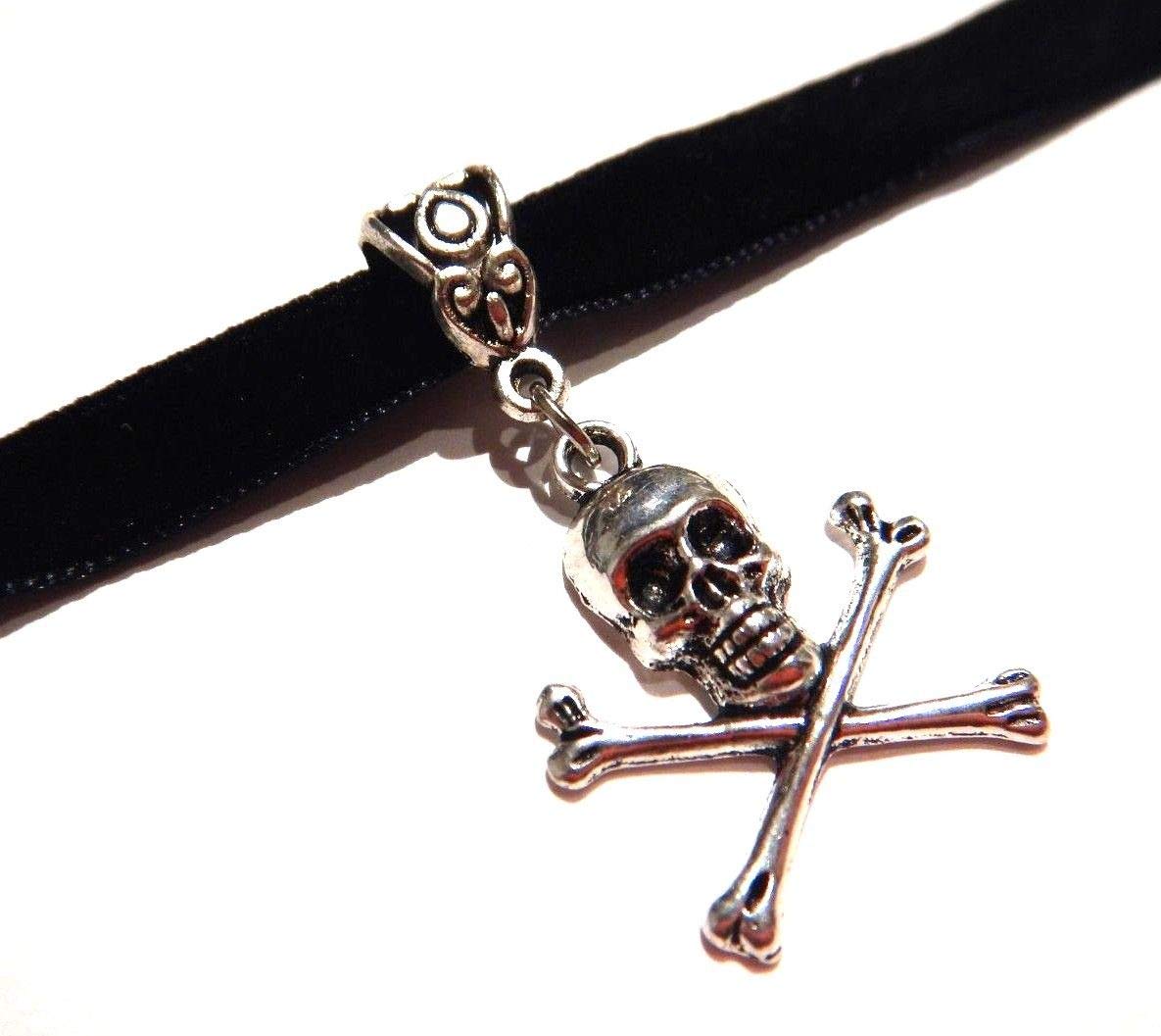 Handmade Silvertone Jolly Roger Skull Charm Pendant on Black Velvet Choker Necklace