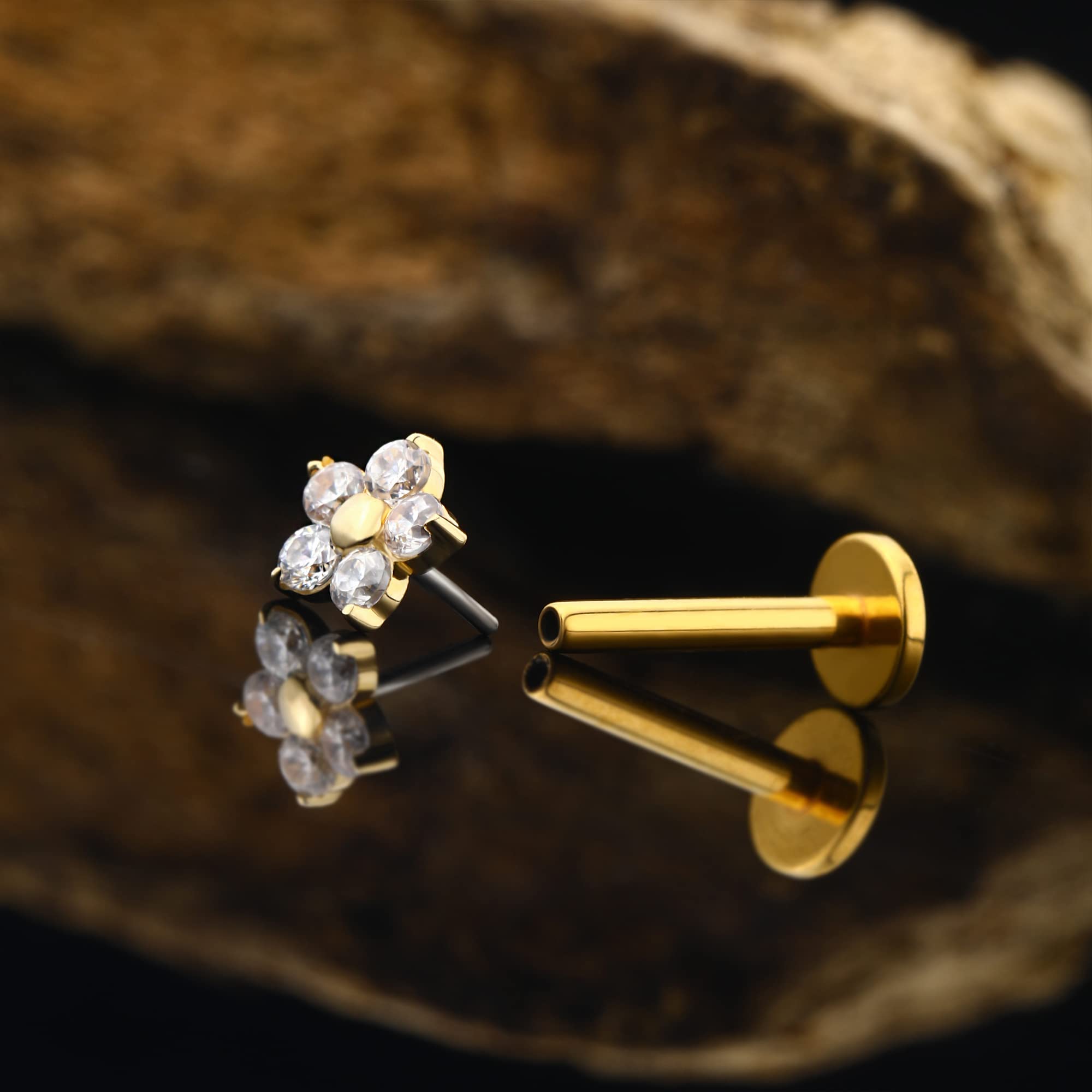 Jewseen 14K Gold Top Push in Threadless CZ Flower Flat Back Stud Opal Cartilage Earring Nose Stud Lip Ring Threadless Earring Helix Stud Tragus Piercing Jewelry for Women Men
