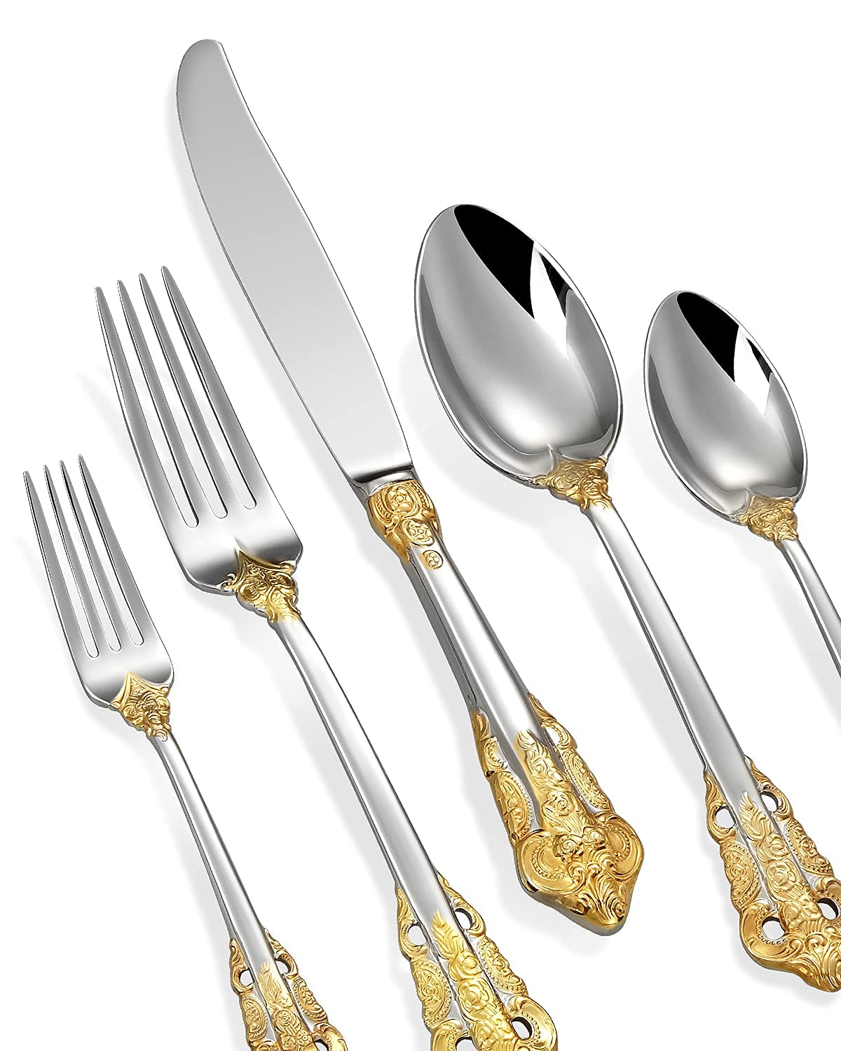 KEAWELL Luxury 20 Pieces 18/10 Stainless Steel Flatware set, Service for 4, silver plated with gold accents, Fine Silverware set and Dishwasher Safe (Gold Accent)