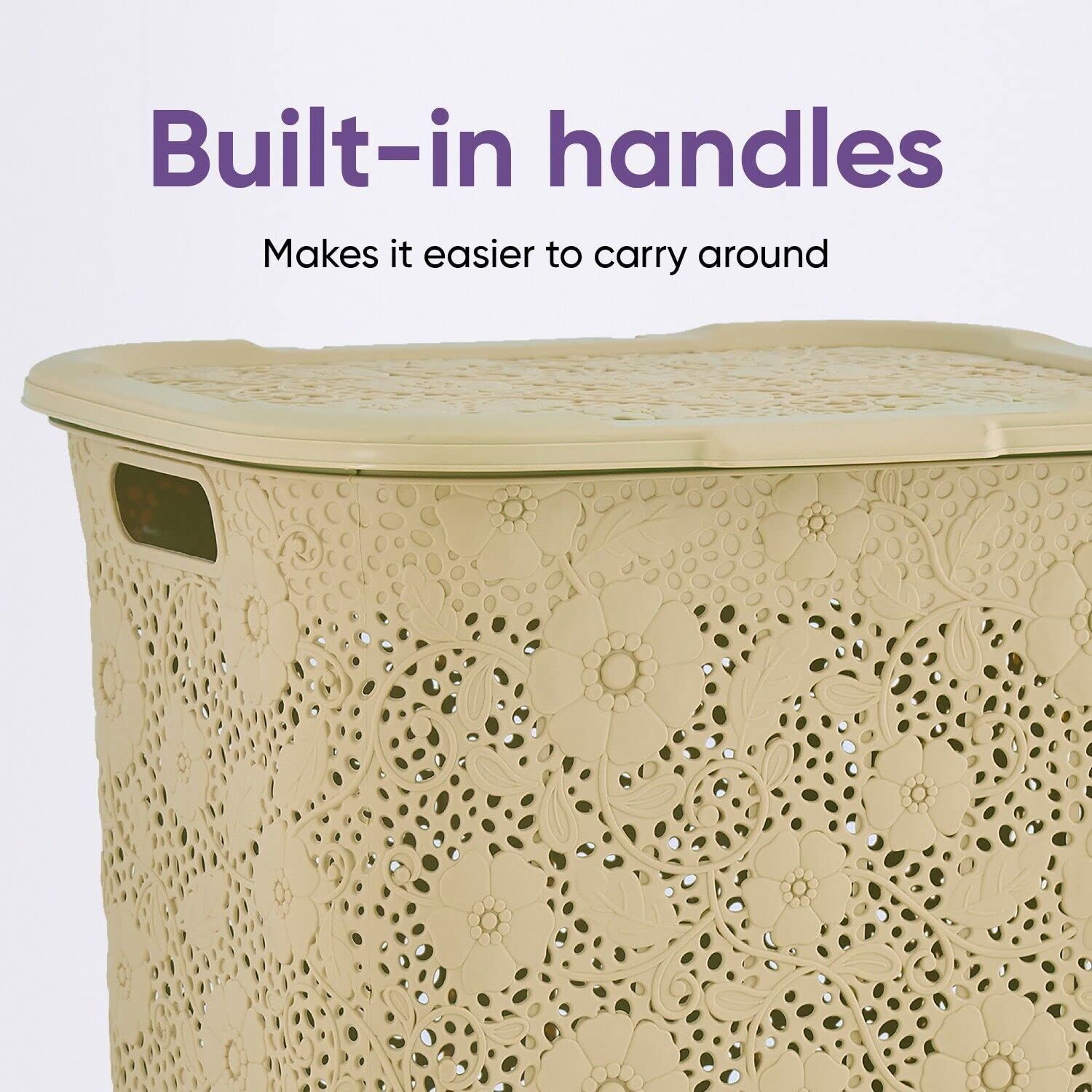 Superio Laundry Hamper with Lid Lace Design 50 Liter β 2 Pack Laundry Hamper Basket with Cutout Handles, Rectangular Shape Modern Style Bin -Dirty Cloths Storage (Beige 2 Pack)