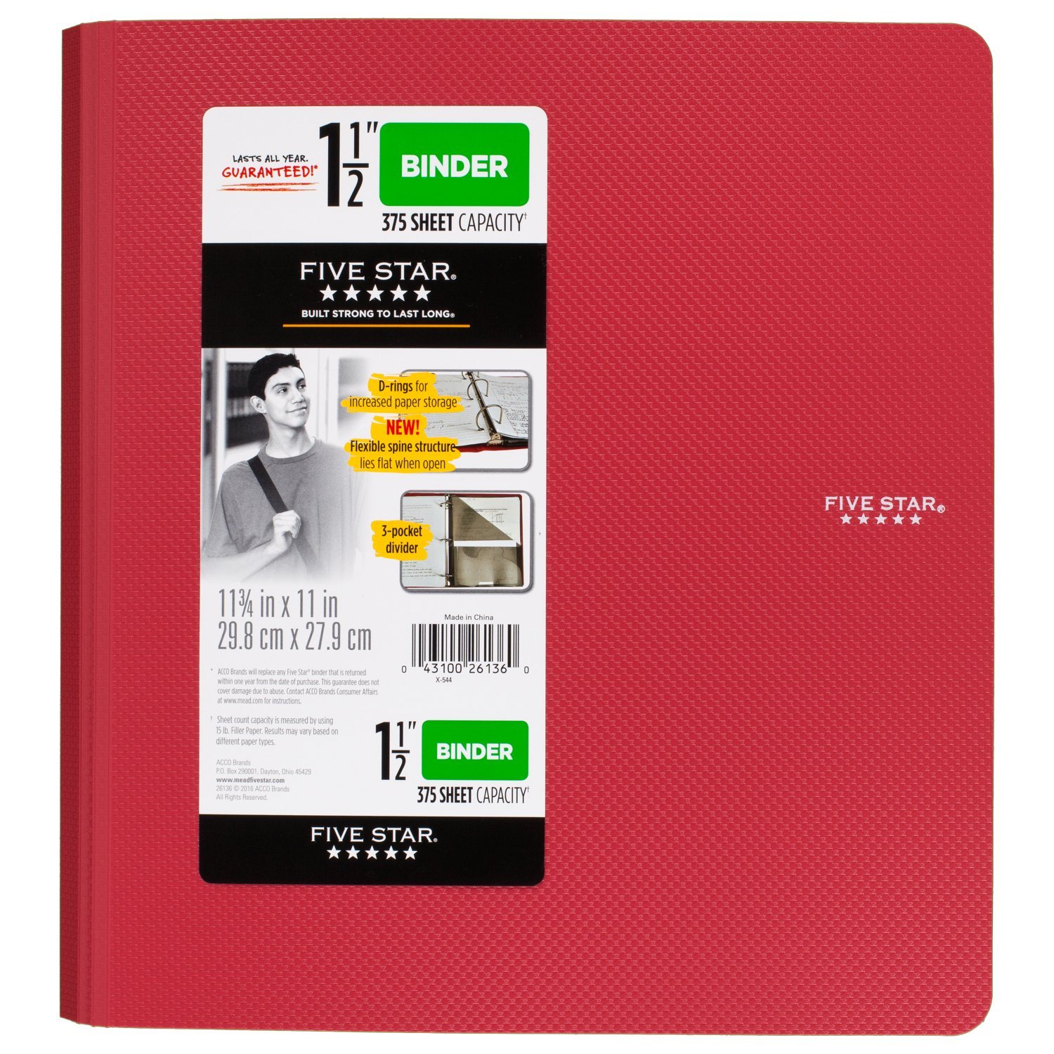 Five Star 1-1/2 Inch 3 Ring Binder, Plastic, Color Selected for You, 1 Count (26136)