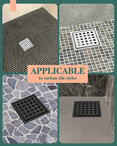 KUZOR Square Shower Drain 4 inch, Brushed Nickel 2 Pack Floor Drains for Shower with Flange and Hair Strainer, Brushed 304 Stainless Steel Quadrato Pattern Grate Removable, Fast 6.5 GPM Drainage