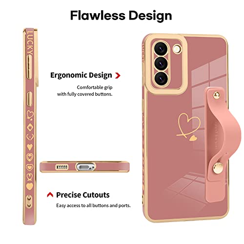 ZIYE Galaxy S21 Plus 5G Luxury Electroplated Case with Strap Love Heart Plating Gold Bumper Cover for Women Girls Anti-Scratch Shockproof Back Phone Case for Samsung Galaxy S21 Plus 5G 6.7 Inch