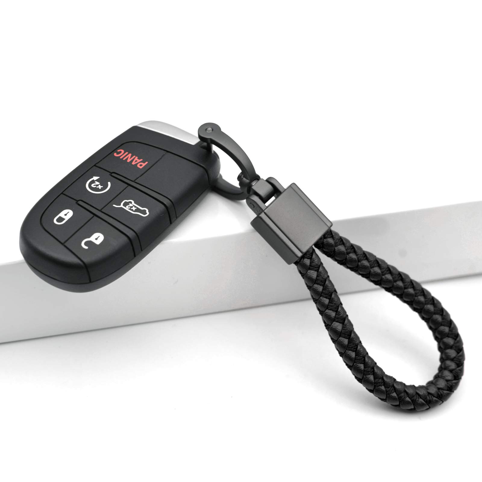 FEYOUN Universal Black Leather Car Fob Keychain Metal Keyring Woven Strap Braided Rope Key Chain for Men and Women - Matte Black Color, with 360 Degree Rotatable D-ring and Screwdriver