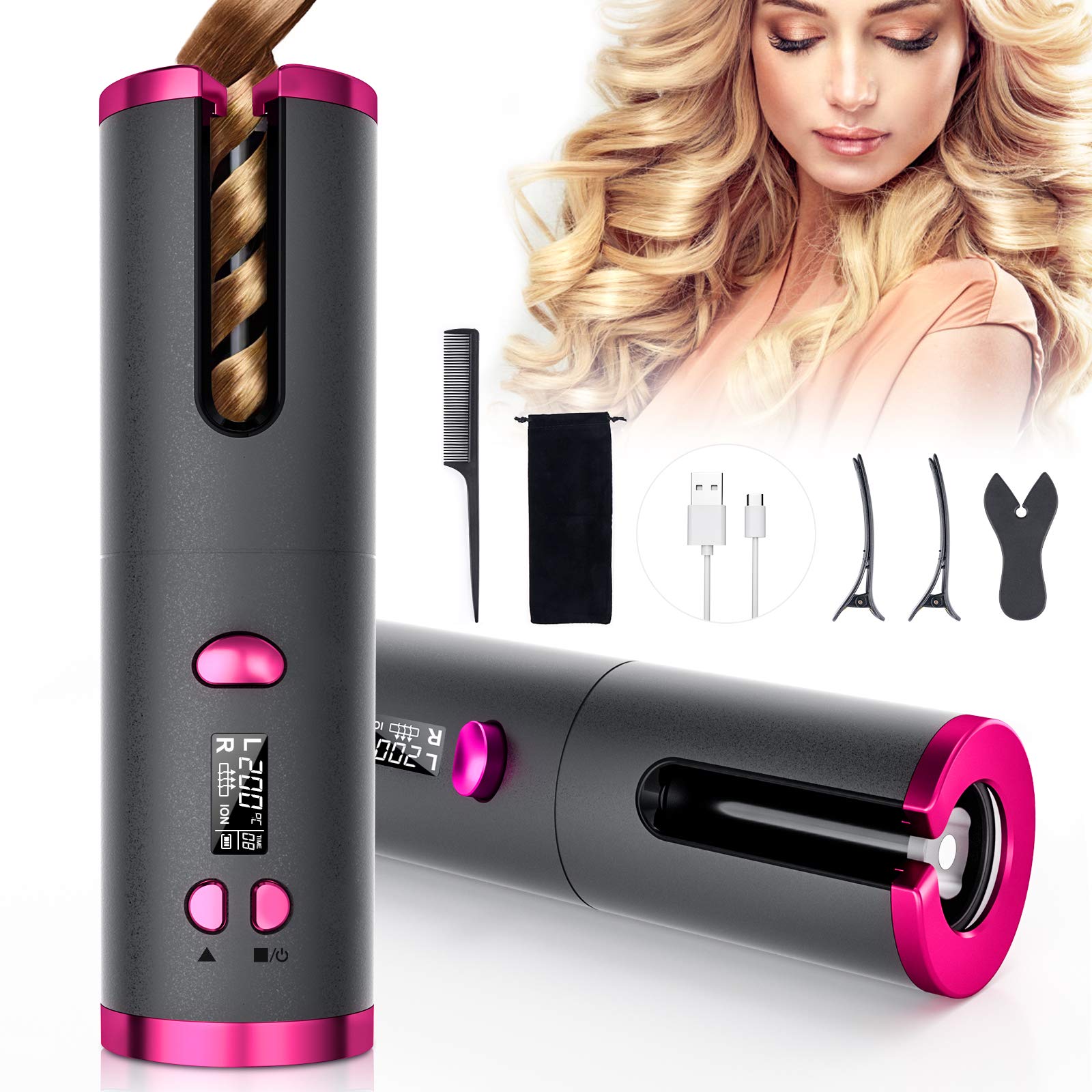Fezax Cordless Automatic Hair Curler, Ceramic Roller Curling Iron with LCD Display Adjustable Heating Temperature and Time, Auto Rotating Barrel Curling Wand for Short&Medium&Long Hair Styling