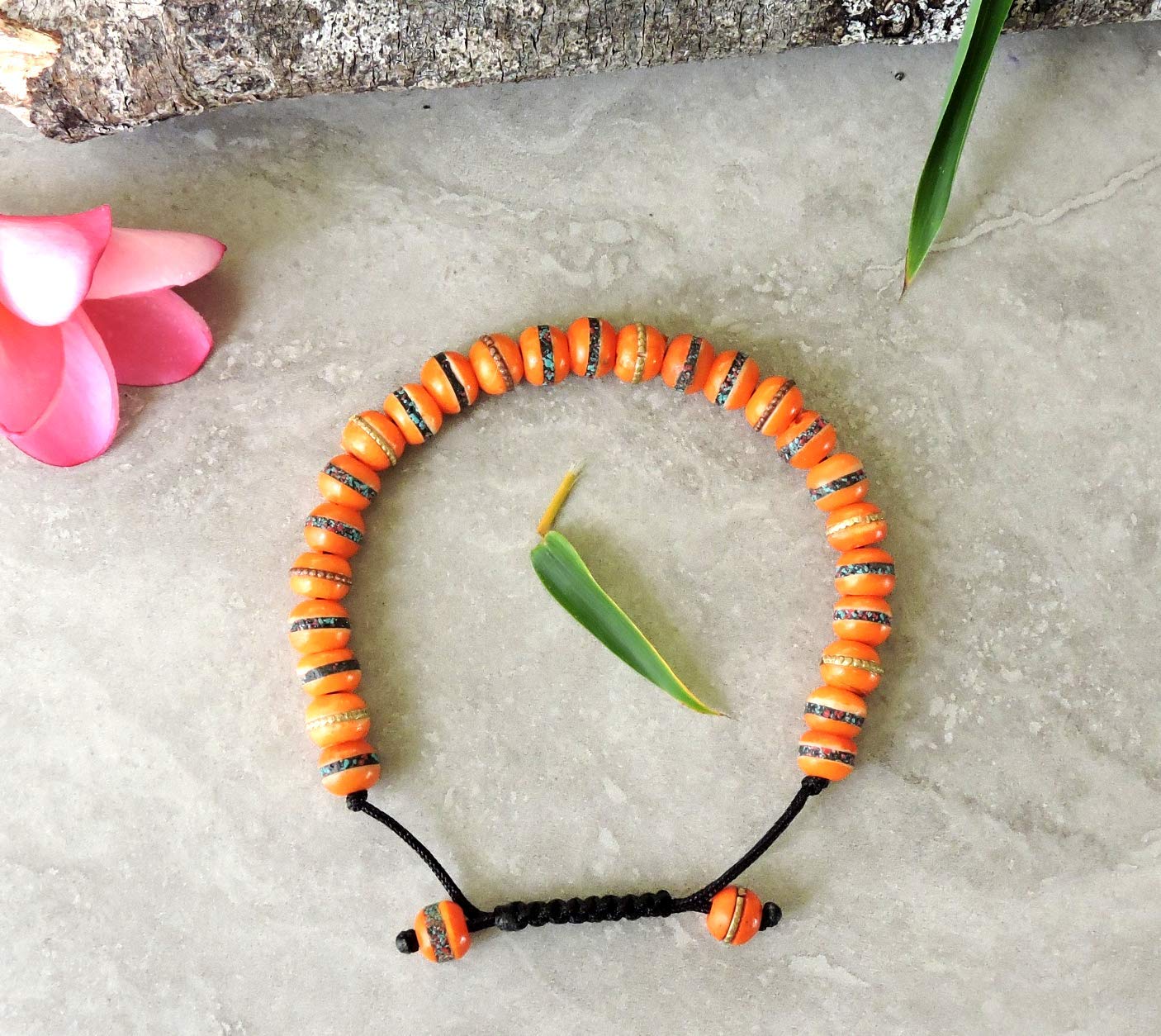 Hands Of Tibet Tibetan Prayer Mala Embedded Medicine Bracelet Yoga Healing Beads Adjustable Wrist Mala For Meditation Many Color Choices (Orange)