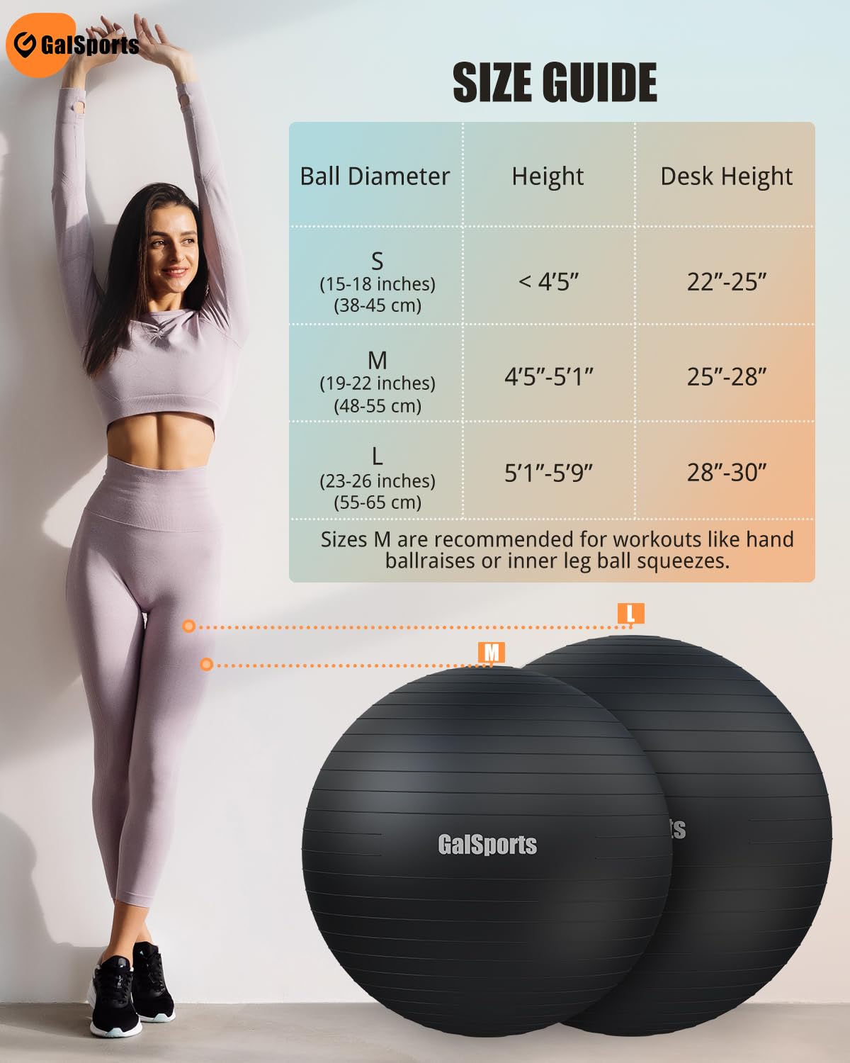 GalSports Exercise Ball (45cm-75cm), Yoga Ball Chair with Quick Pump, Stability Fitness Ball for Core Strength Training & Physical Therapy
