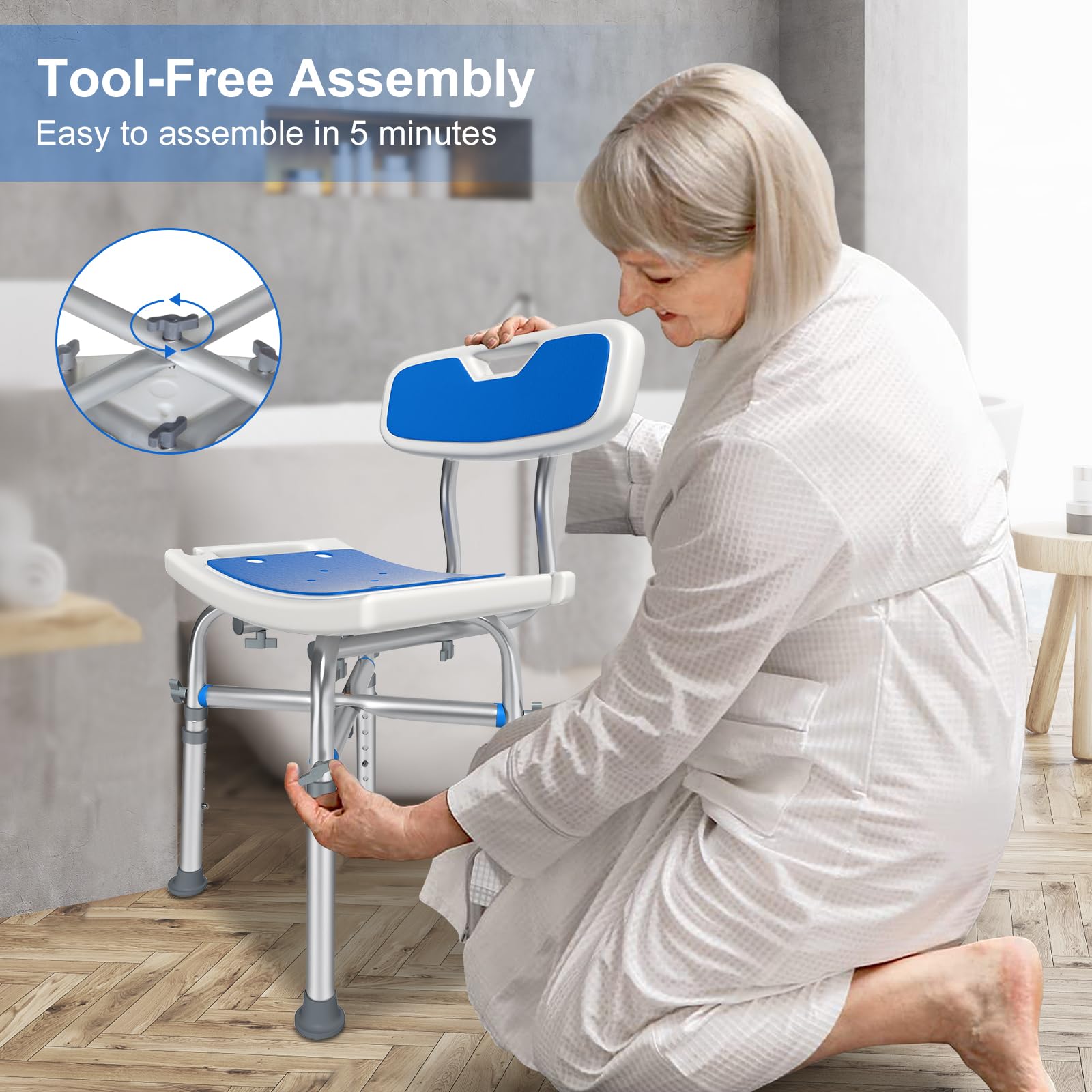 Heavy Duty Shower Chair with Back 550lb, Height Adjustable Bath Seat with EVA Pad, Anti-Slip Shower Bench Bathtub Stool for Elderly, Senior, Handicap & Disabled, Tool-Free Assembly
