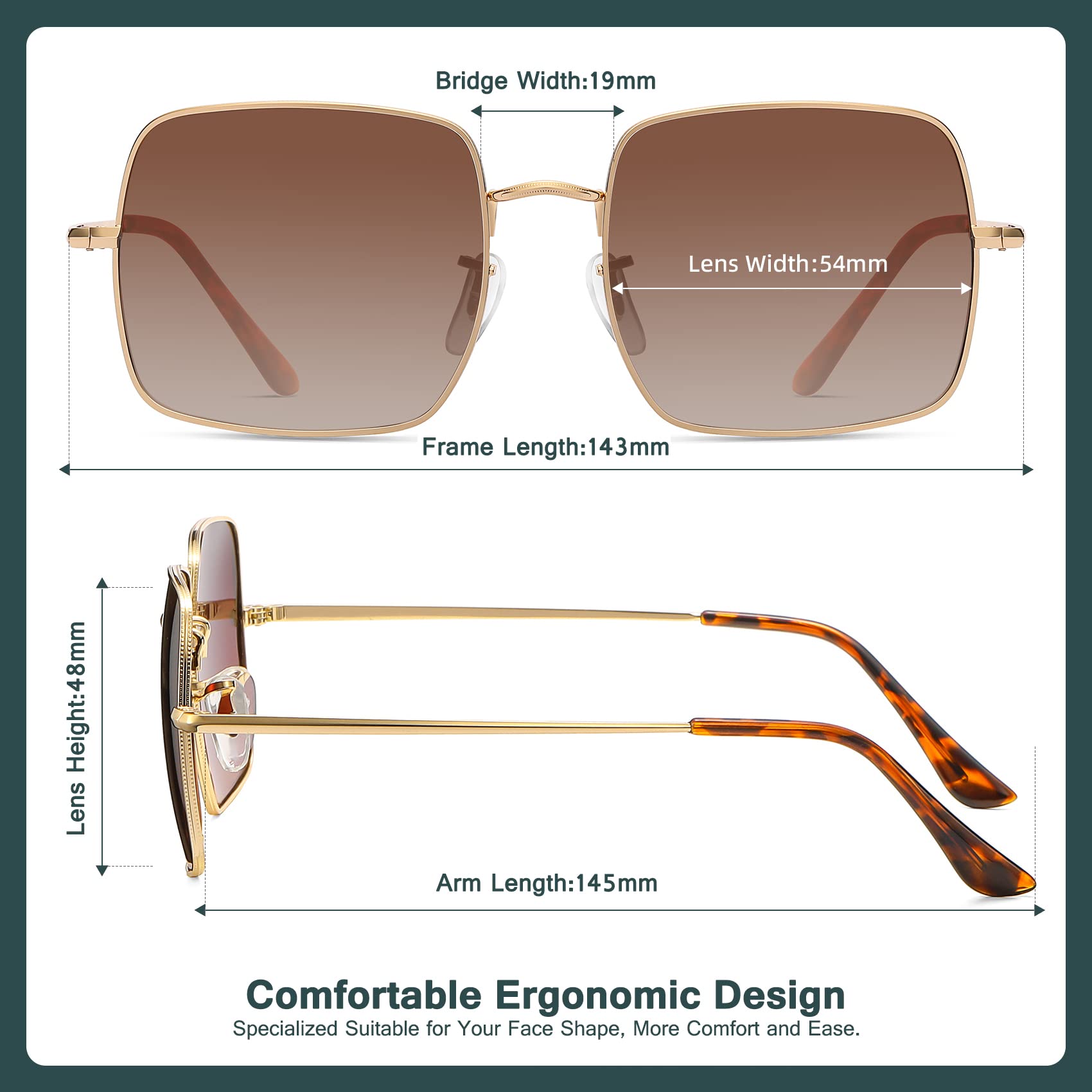 Fozono Rectangle Polarized Sunglasses for Women Metal Frame Vintage Fashion Shades(Gold Frame and Brown Lens)