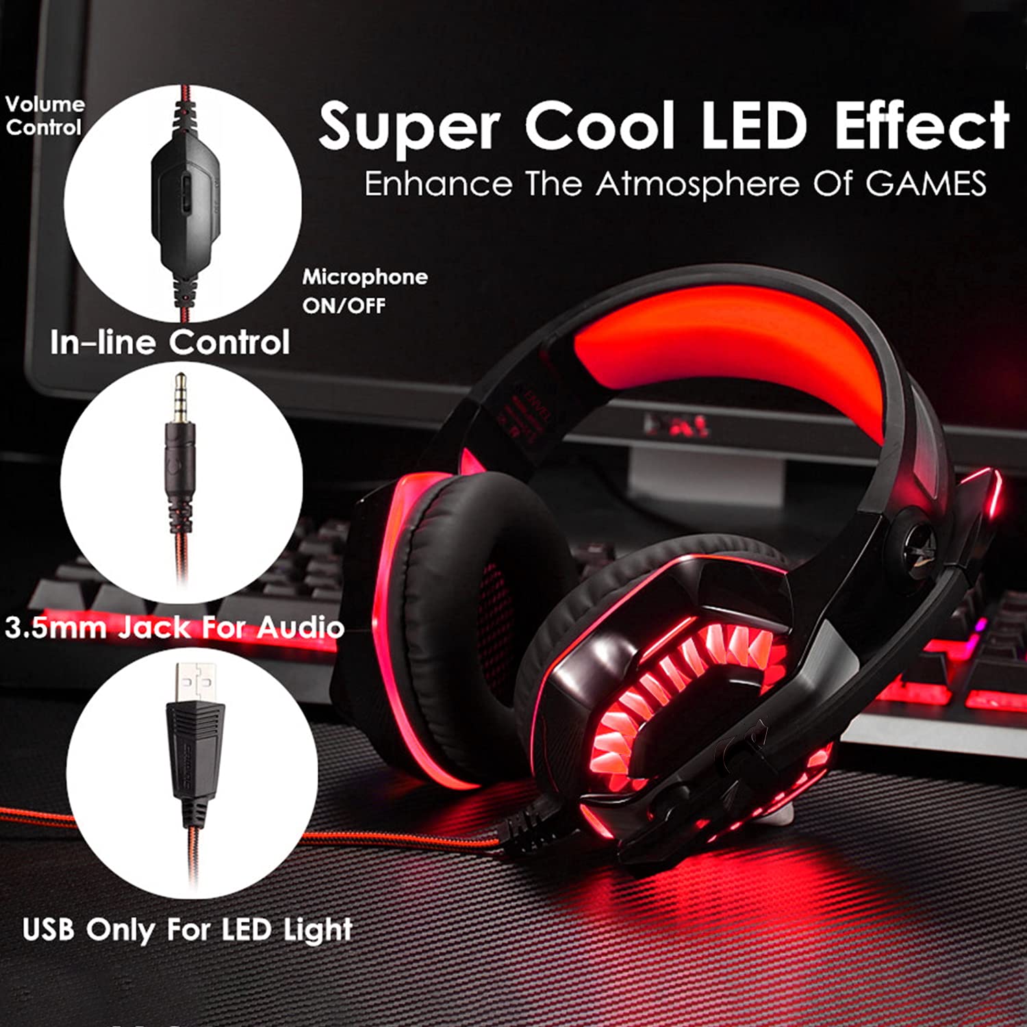ENVEL Gaming Headset for PS4 with Mic,PC,Laptop,Surround Sound Over Ear Noise Cancelling Headphone with LED Lights Volume Control Compatible with Smartphone/Computer/MacBook/PS5