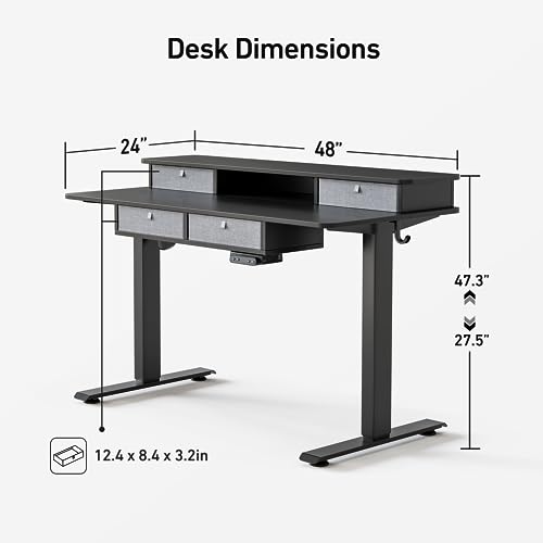 FEZIBO 48 x 24 Electric Standing desk Adjustable Height with 4 Drawers, Sit Stand Desk with Storage Shelf, Rising Desk with Splice Board, Black Frame/Rustic Brown Top, 48 inch