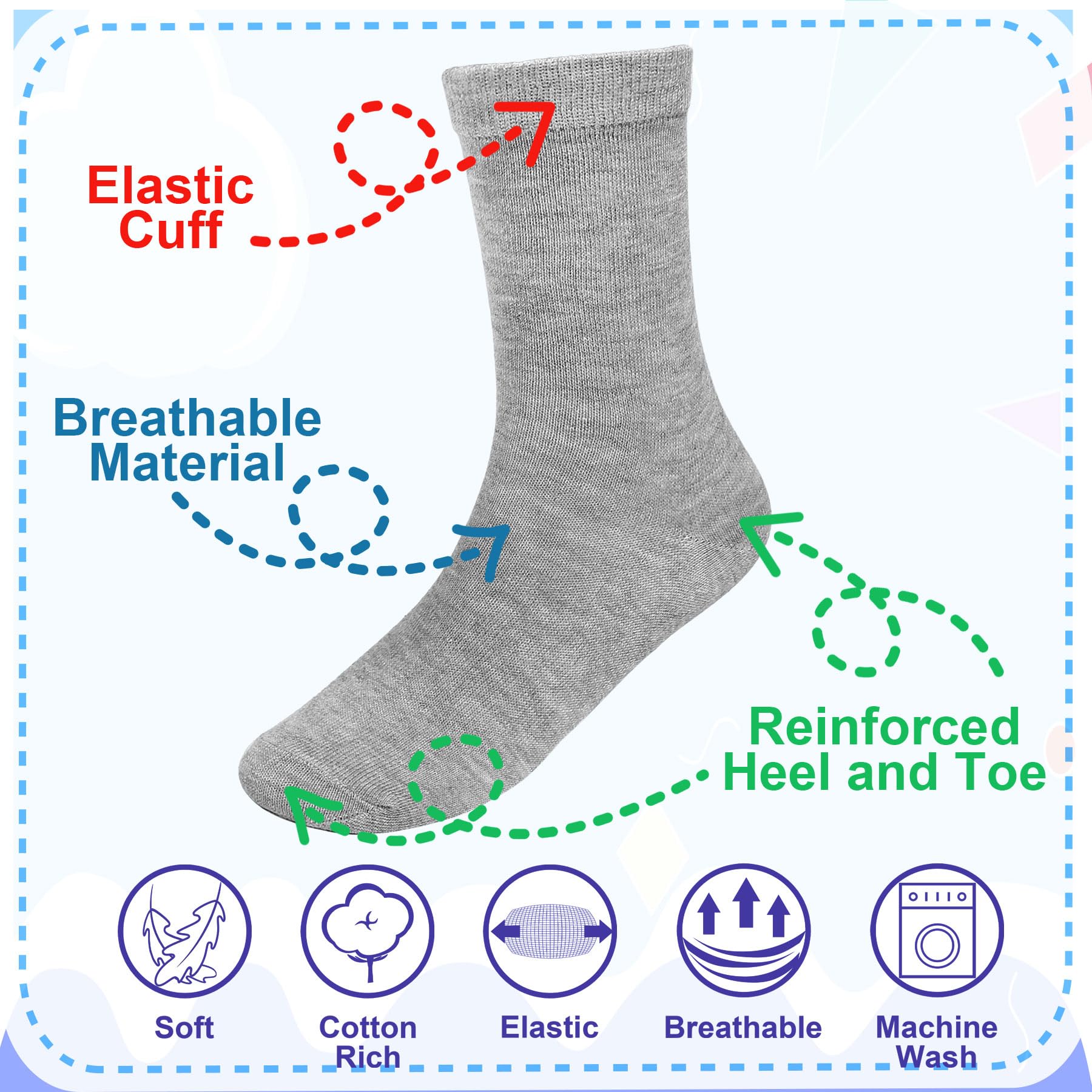 Falari 12-Pack Boy Toddler Kids Cotton Crew Socks 2-4 Black Grey Navy White