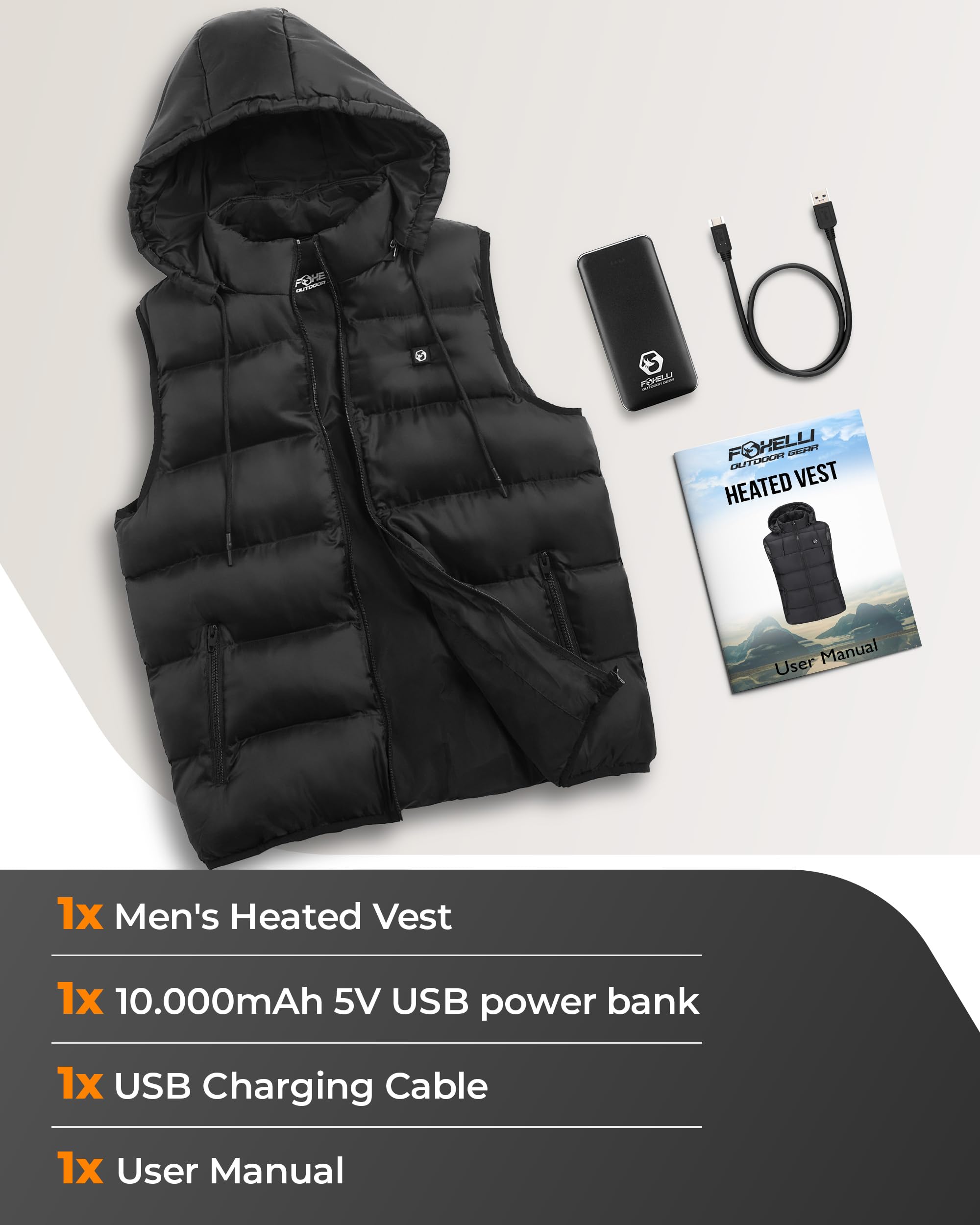 Foxelli Men's Heated Puffer Vest - Lightweight, USB Rechargeable Black Vest for Men, Men’s Winter Outerwear Vest with Battery