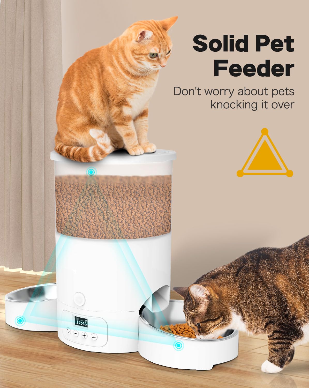 SURDY Automatic Cat Feeder for 2 Cats, 3L Cat Food Dispenser Auto Cat Feeder with 2 Stainless Bowls, 10s Meal Call Dual Power Supply and Timer Setting 12 Portions 6 Meals Per Day for Cats (White, 3L)
