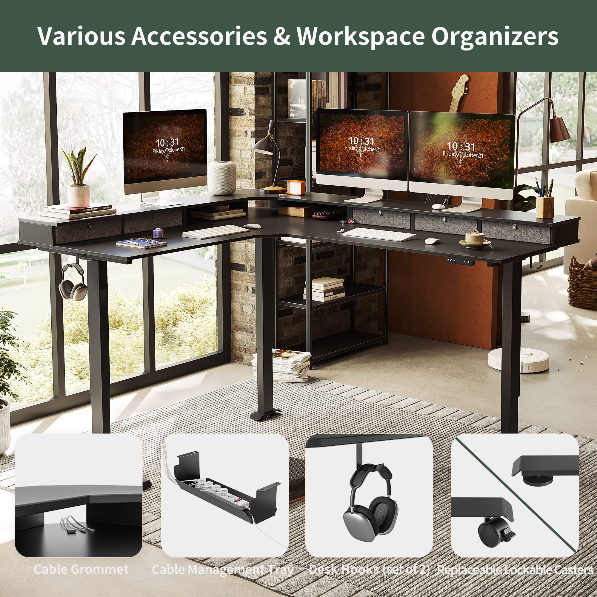 FEZIBO 75" Triple Motor L Shaped Standing Desk with 5 Drawers, Reversible Standing Gaming Electric Desk Adjustable Height, Corner Stand up Desk with Splice Board, Black Frame/Black Top