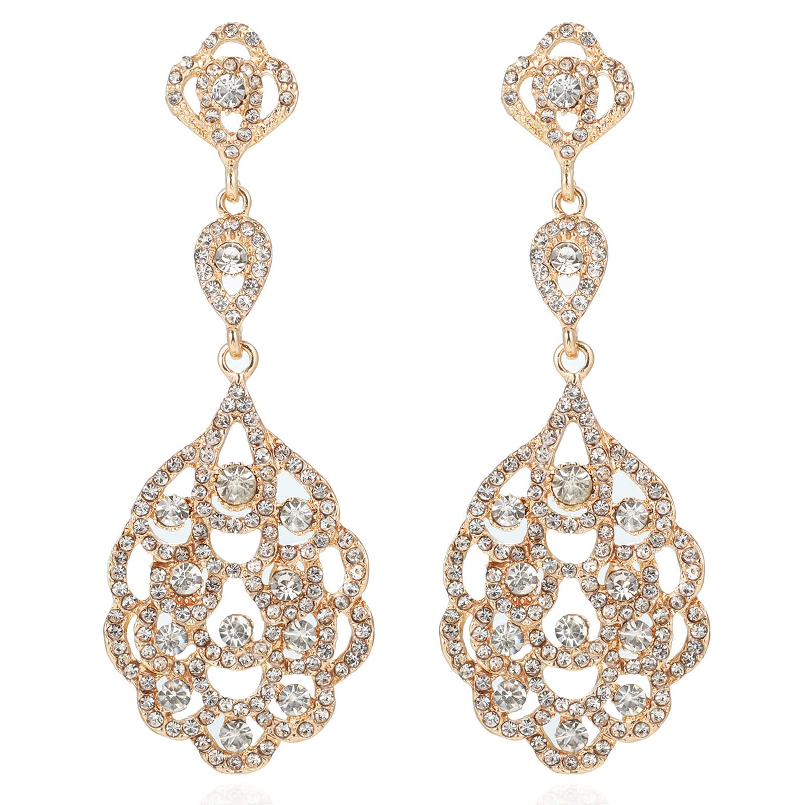 Gold Rhinestone Wedding Bridal Chandelier Dangle Earrings Sparkly Crystal Long Teardrop Statement Earrings for Women Brides Pageant Prom