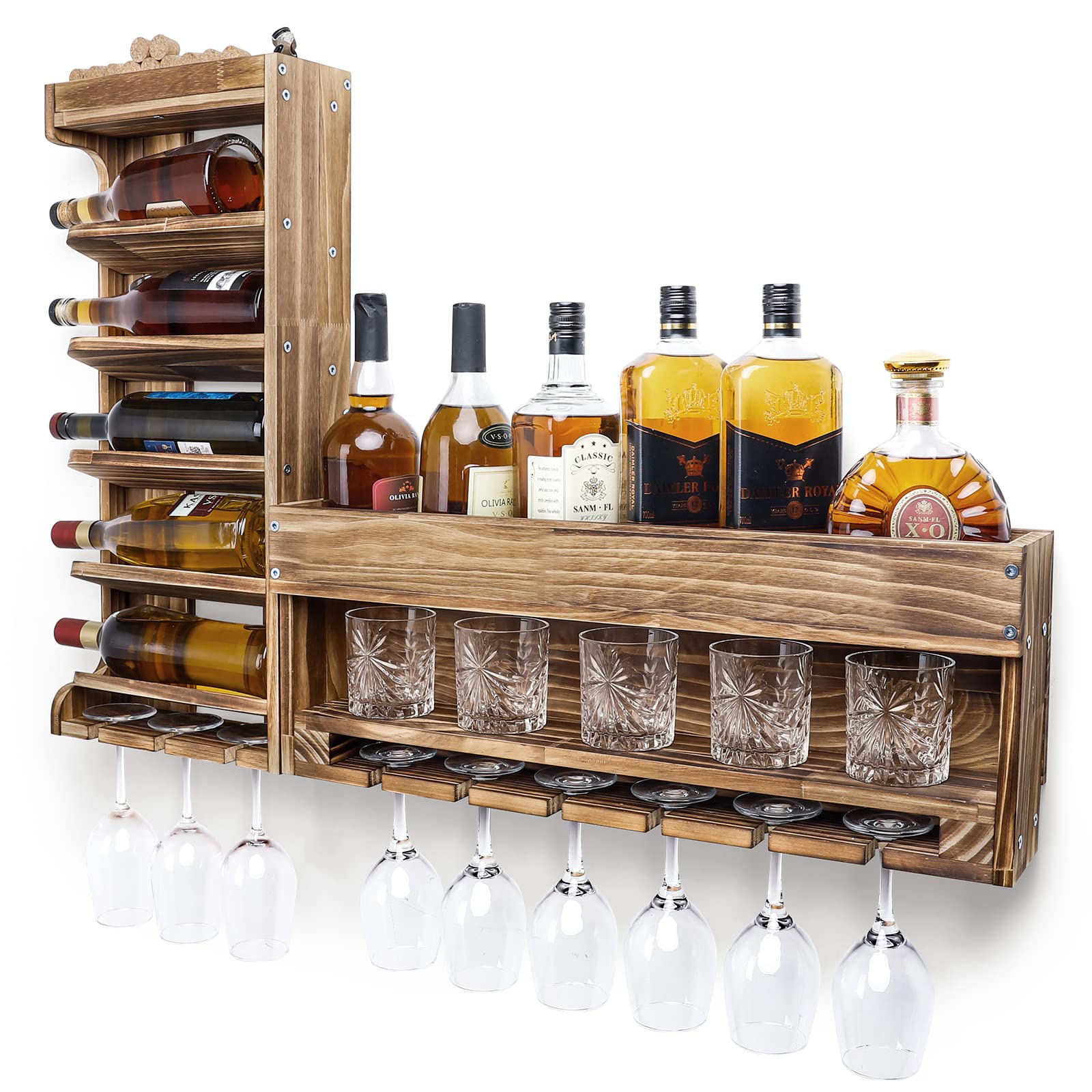 Homde Wine Rack Wall Mounted Wood Wine Shelf with Bottle Stemware Glass Holder Rustic Wine Display Storage Rack