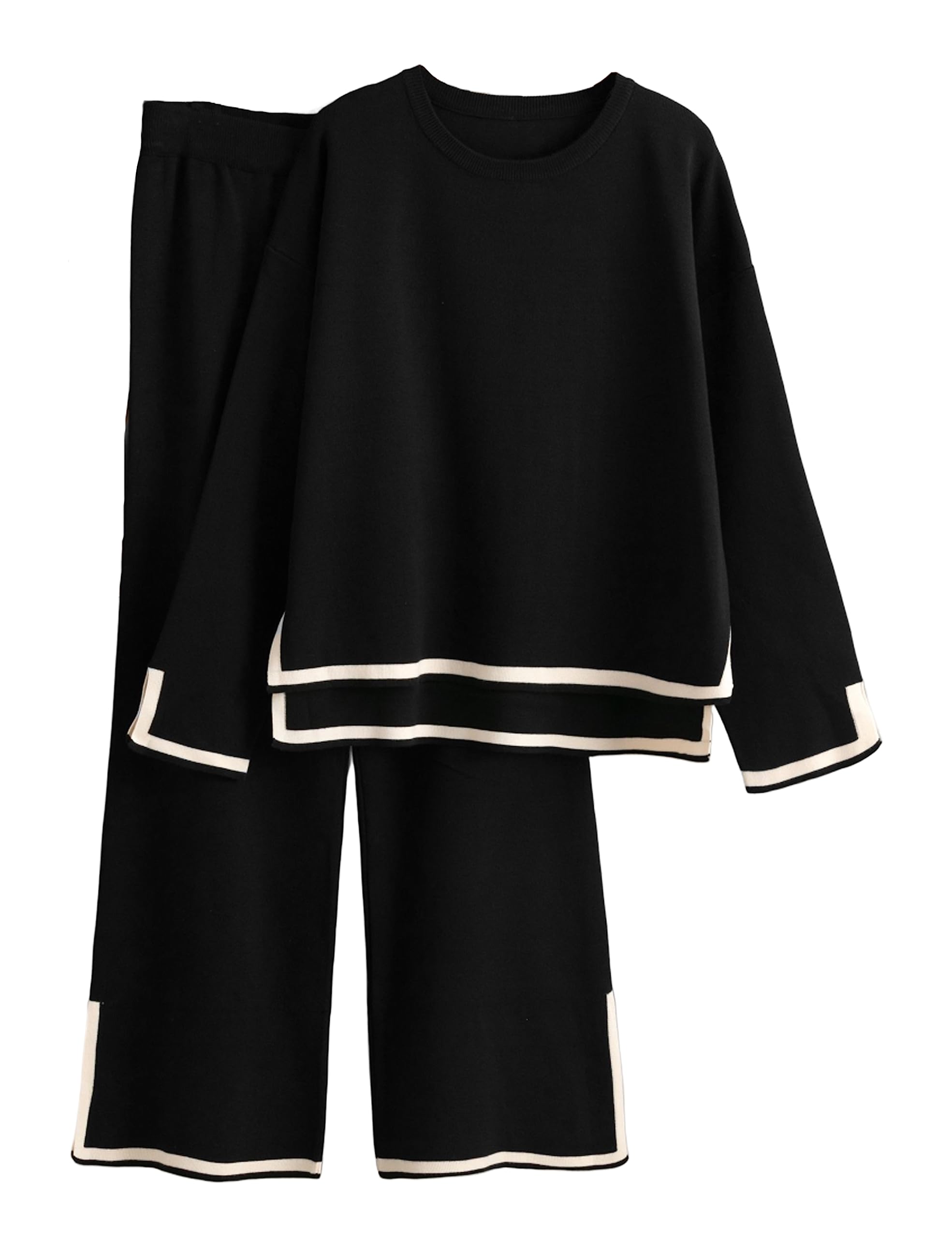 Faleave Women's Knit 2 Piece Outfits Long Sleeve Sweater Pullover Tops Wide Leg Pants Tracksuits Lounge Set(Black-M)