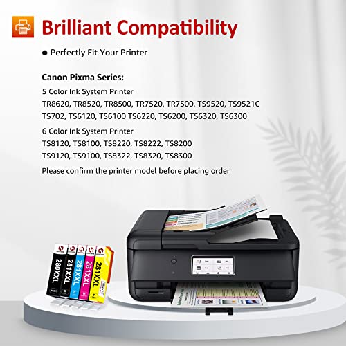PGI-280XXL/CLI-281XXL Compatible Ink Cartridge Replacement for Canon 280 281 Ink Cartridge High Yield Use to PIXMA TR8520 TS6120 TS6320 TS6220 TR7520 TS8120 TS9120 TS9520 (5 Value Pack)