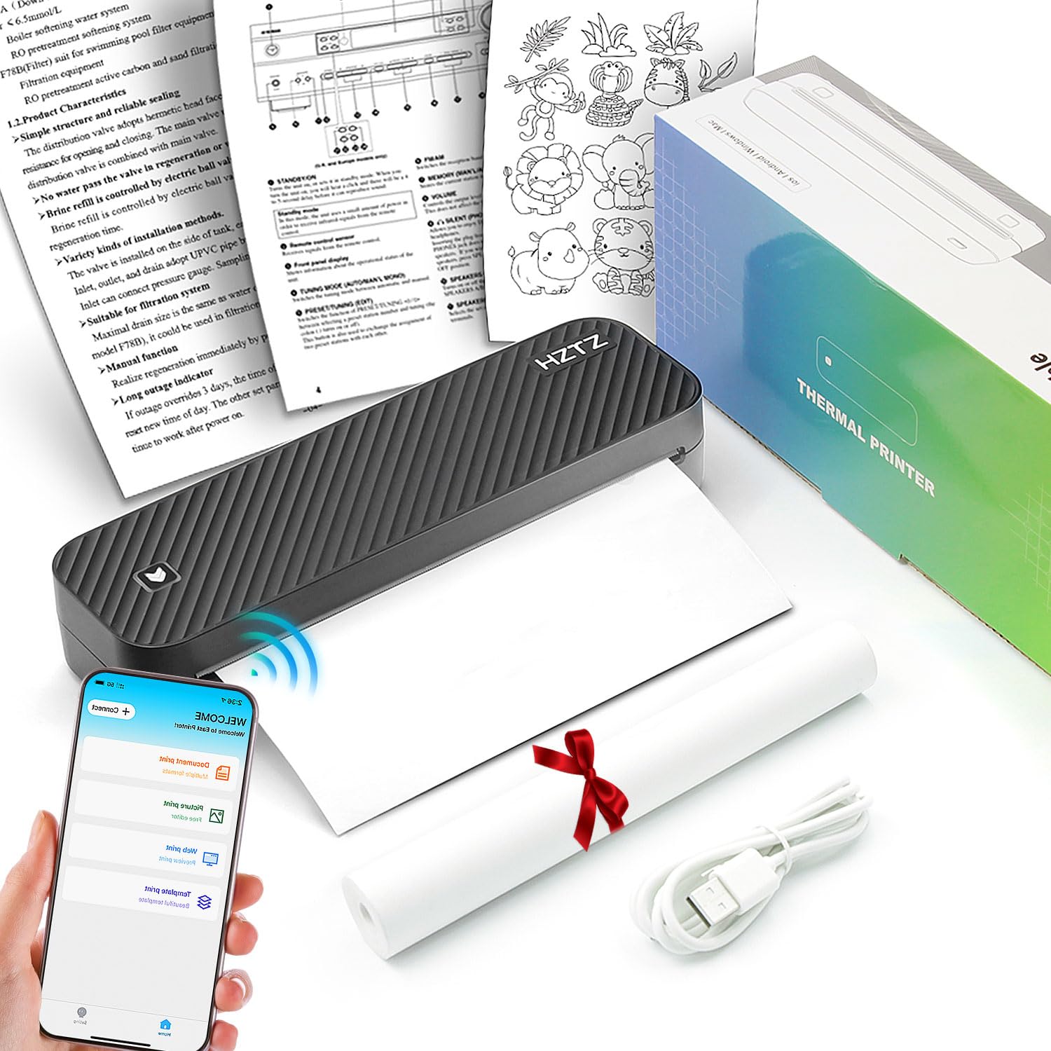 Portable A4 Thermal Printer with Bluetooth, 300dpi 2600mAh Battery, with 1 Roll Thermal Paper, Supports Multiple Paper Sizes & Multiple File Format Black