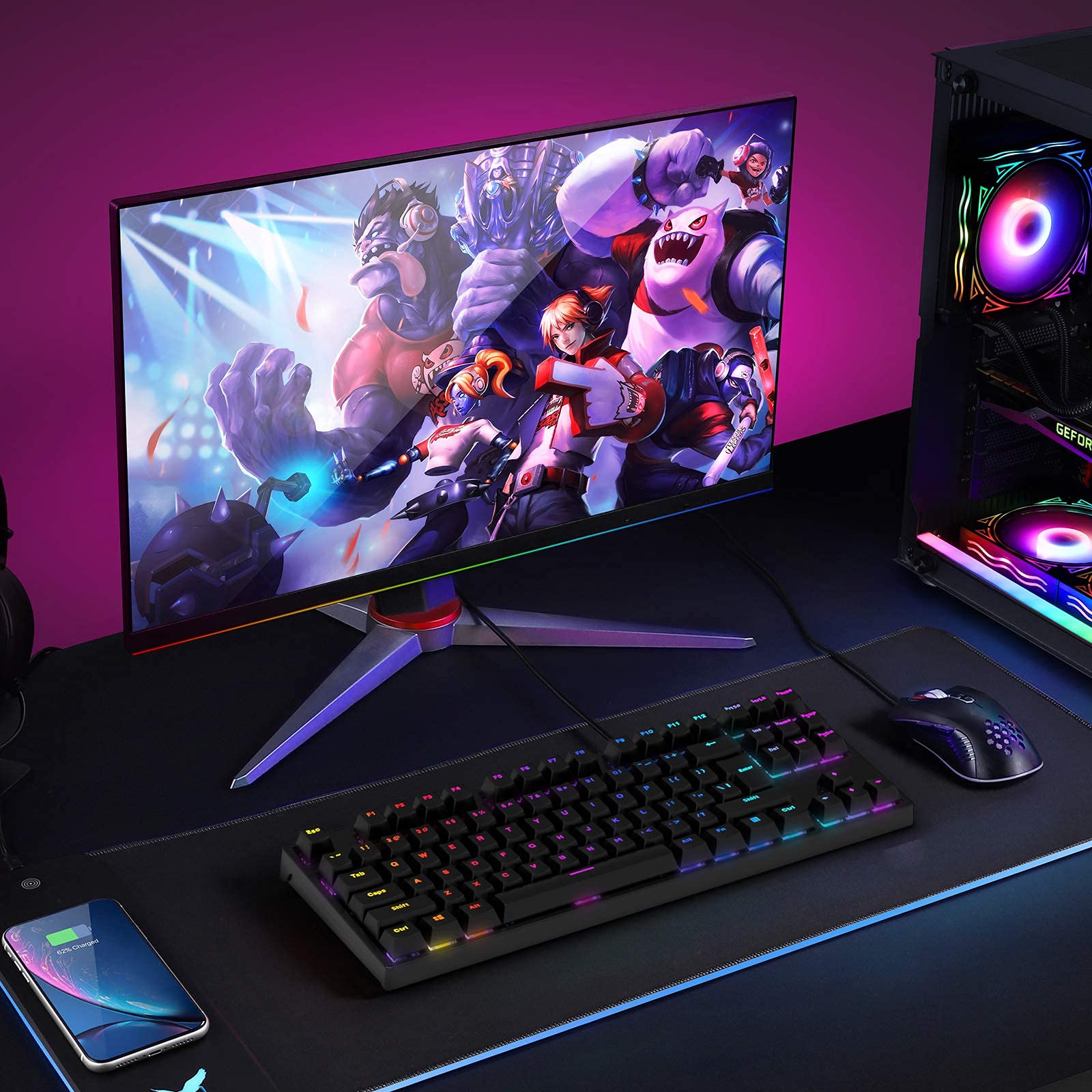 GIM Mechanical Gaming Keyboard 87 Keys LED Rainbow Backlit Small Compact Keyboard with Click Blue Switches 100percent Anti USB Wired Computer Laptop Keyboard for Windows PC Gamers Renewed KB 87