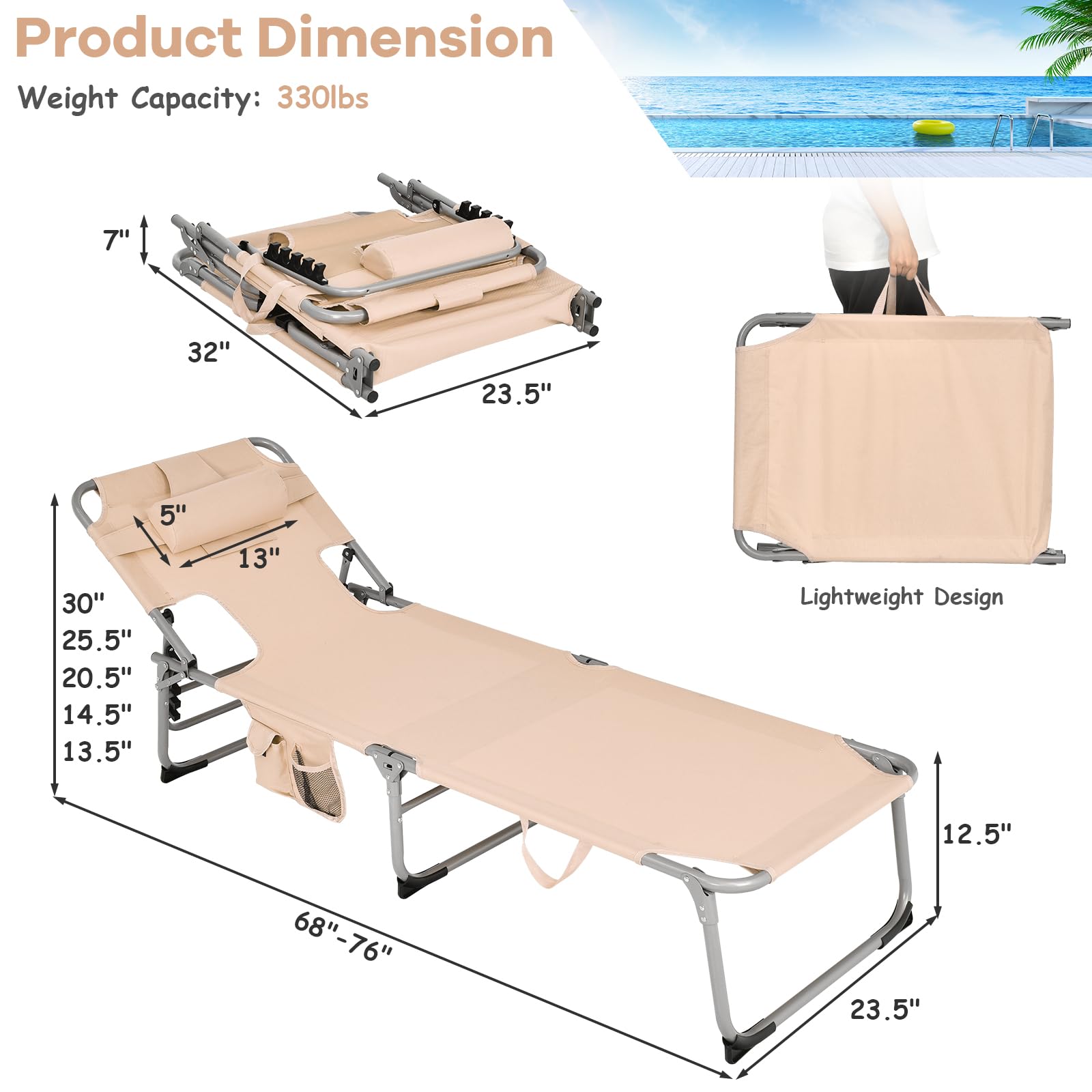 Moccha Folding Tanning Chair, Beach Lounger with Face Hole, 5-Position Adjustable Backrest, Side Pocket, Removable Pillow, Portable Bench Lounge Chairs for Outside Patio Pool Lawn (1, Beige)