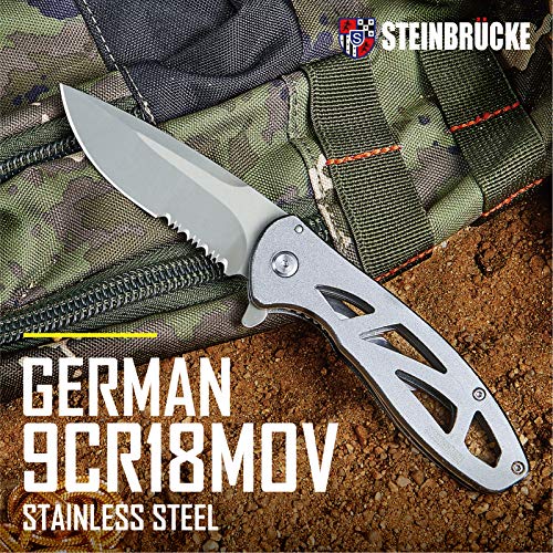 Motovecor Steinbrucke Pocket knife with 3.1”- EDCFolding Knife 9Cr18Mov High Performance Stainless Steel Partially Serrated Blade with Reversible Clip,3.3Oz Titanium coated 60-61 HRC
