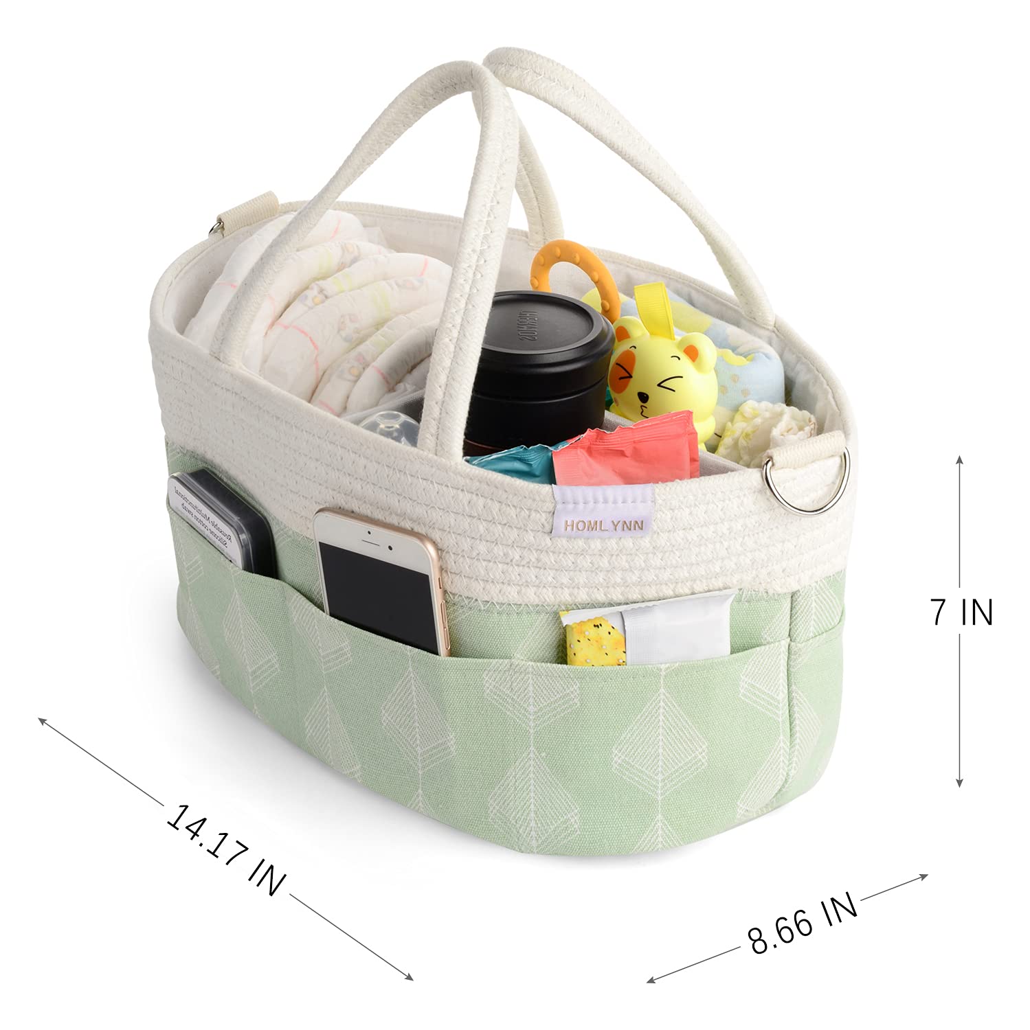Homlynn Baby Diaper Caddy Organizer Diaper Storage Basket Large Tote Bag & Car Organizer, Nursery Storage Bin for Baby Accessory, 100% Cotton Rope, Machine-washable(Green, with Stroller Hooks)