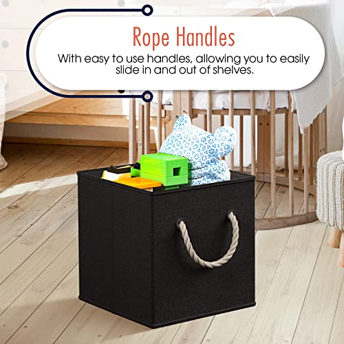 Ornavo Home Foldable Collapsible Storage Box Bins Linen Fabric Shelf Basket Cube Organizer with Rope Handles - Set of 6-13 x 13 x 13 - Black