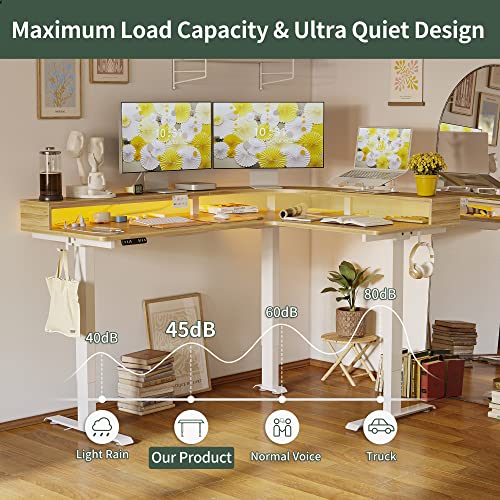 FEZIBO Triple Motor L Shaped Stadning Desk with LED Strip & Power Outrlets,63 inches Height Adjustable Stand up Corner Desk with Ergonomic Monitor Stand, White Frame/Natural Top