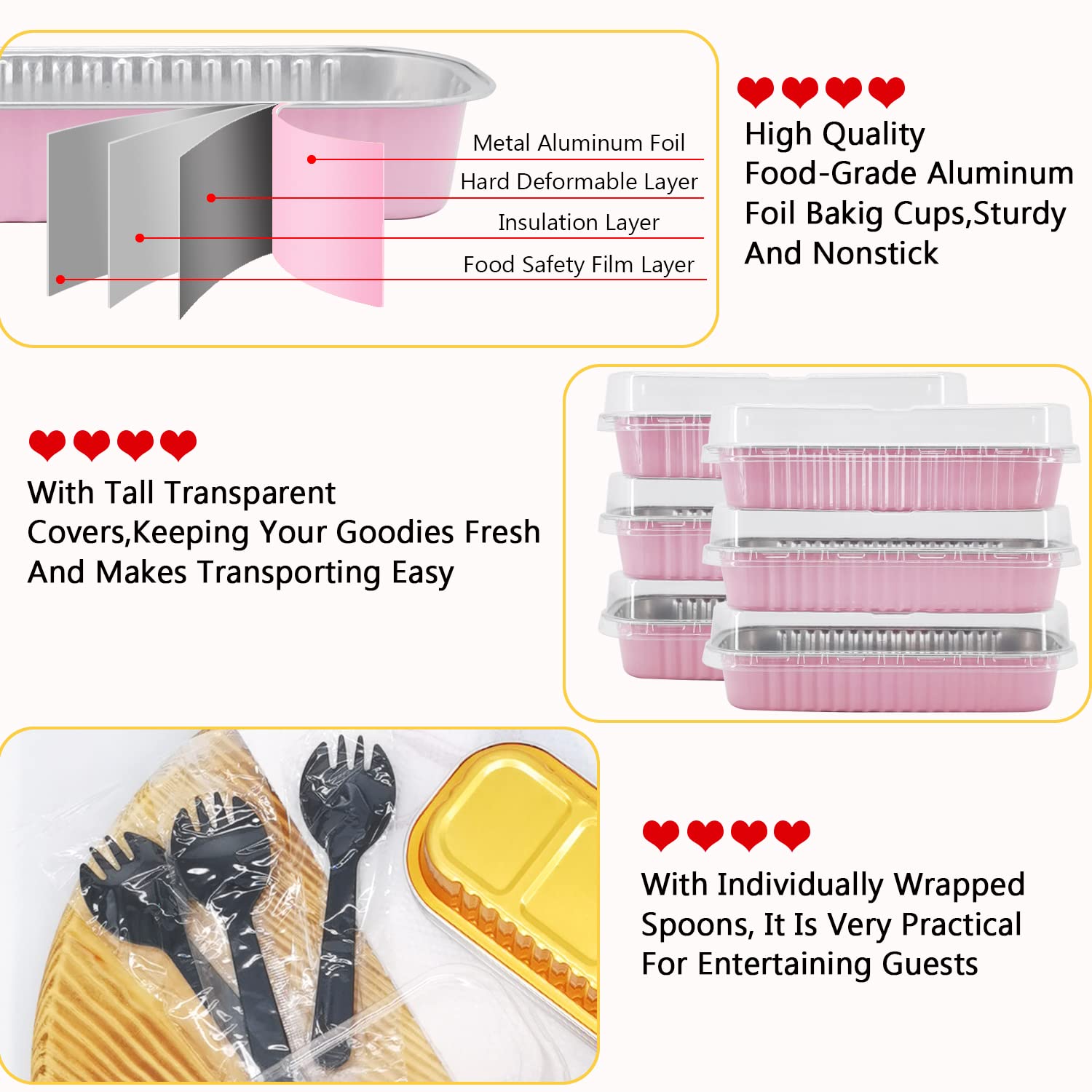 LNYZQUS Mini Loaf Pans With Lids 50 Pack, 6.8oz Rectangle Aluminum Foil Baking Pans Tins Containers,Disposable Ramekins Baking Cups Muffin Tins Cupcake Cups For Mini Cake Bread Loaf -Pink