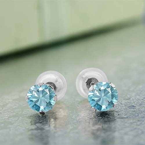 Gem Stone King 14K White Gold Blue Zircon Stud Earrings For Women | 1.00 Cttw | Round 4MM