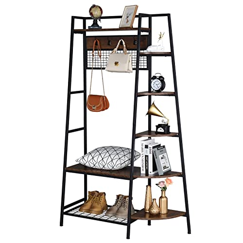 PHONME Entryway Hall Trees with Hooks, Storage Shelves and Shoes Bench, Freestanding Closet Organizer Clothes Rack with Coat Rack, Closet Garments Shelf for Hallway, Bedroom-Black Vingtage Walnut