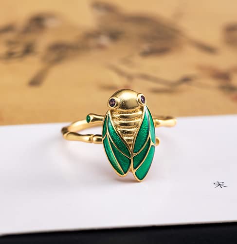 Helen de Lete Colorful Golden Cicada S925 Sterling Silver Adjustable Ring For Men and Women