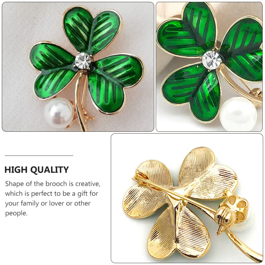 Generic Green Four Leaf Clover Pin St Patricks Day Shamrock Brooch Pin Pearl Enamel Brooch Breastpin Irish Jewelry for Party Accessory