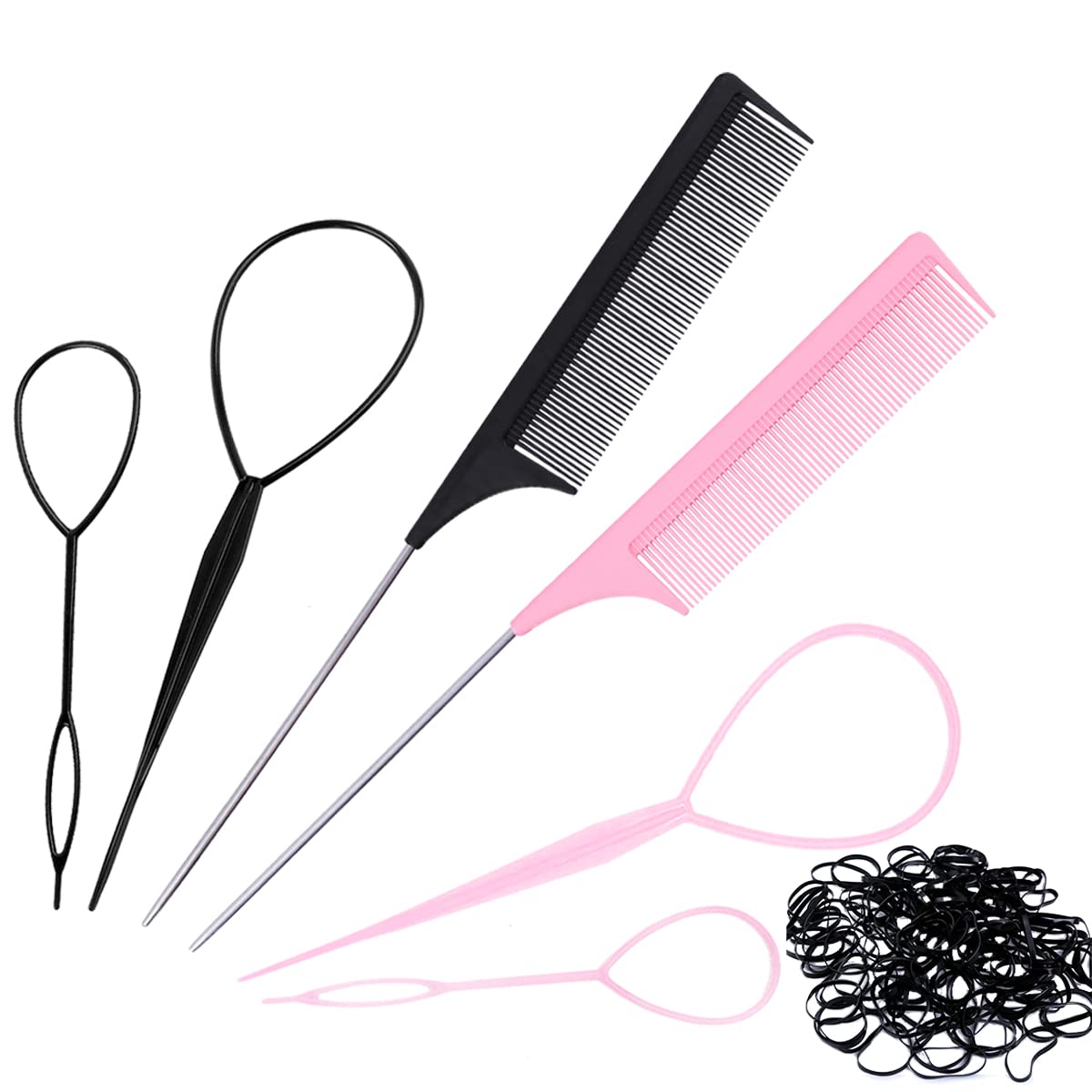 Hair Styling Tool Set - 6 Topsy Tail Loops, 4 French Braid Tools, 2 Braiding Combs, 50 Rubber Bands