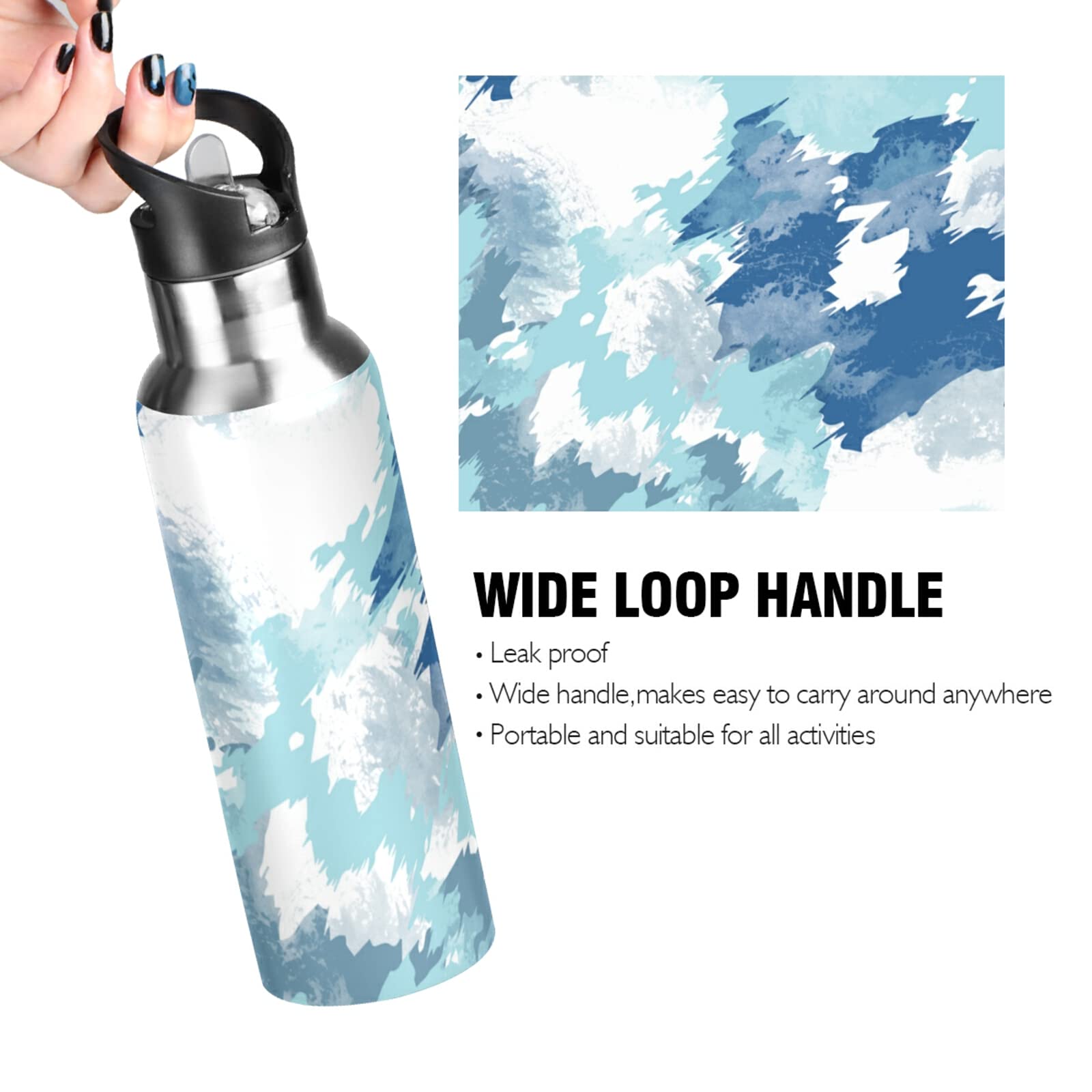 Insulated Sports Water Bottles Fashion Marble Passionate Indigo Graffiti Vacuum Stainless Steel Thermos Mug with Straw Lid & Handle 20 oz