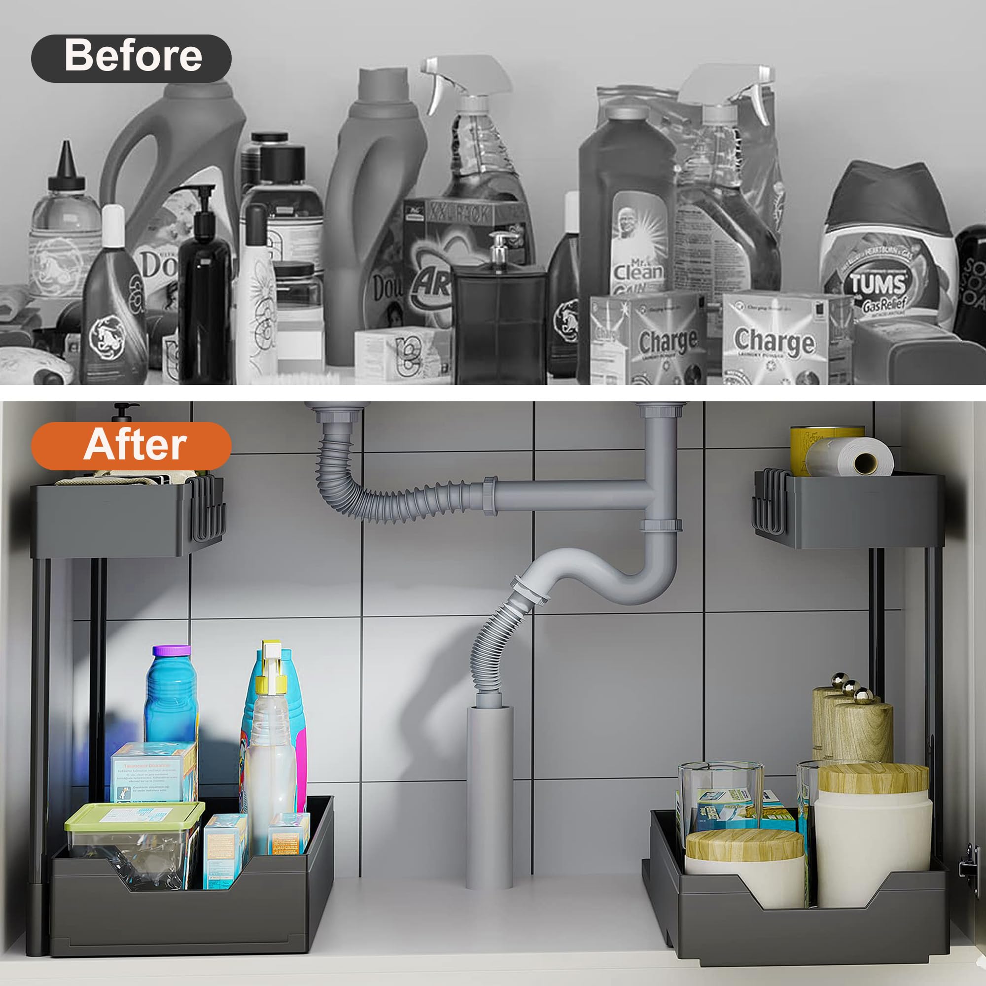 HISKIWUU Under Sink Organizers and Storage L-Shape Easy Assembly,Bathroom Sink Organizer Durable Pull-Out with Sliding Drawer,Under Sink Organizer Large Capacity with Hooks,2 Pack,Black