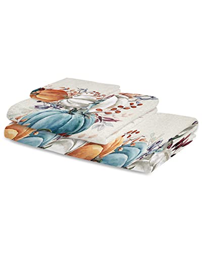 Fall Burlap Bathroom Towel Set,Microfiber Bath Kitchen Beach Hand Dish Towels Set,Quick Dry Luxury Soft Decorative Towels+Set Clearance Bulk Decor(3-PC) Teal Orange White Pumpkin Eucalyptus Leaves