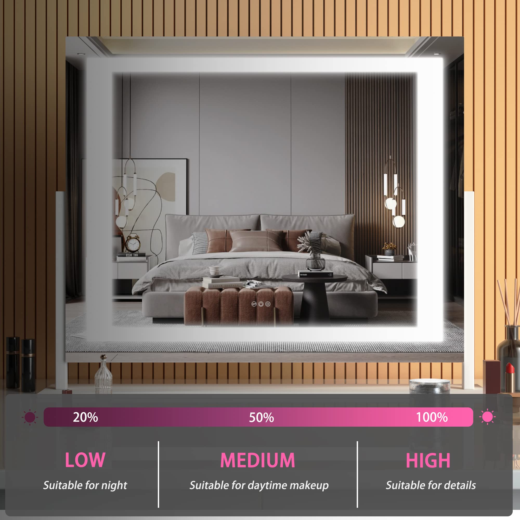 Hasipu Vanity Mirror with Lights, 24.2" x 19.7" LED Makeup Mirror, Light up Mirror with 10X Magnification and USB, Phone Holder, Smart Touch 3 Colors Dimmable, 360° Rotation (Right Angle White)