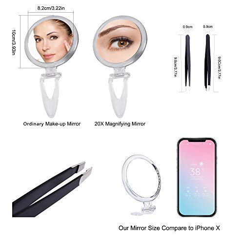 Gardenia 4 Inch 20x Magnifying Mirror, Compact Travel Mirror, Hand Mirror with Handle, Portable Close Up Mirror for Pocket/Handbag, Double Sided, Foldable, Transparent